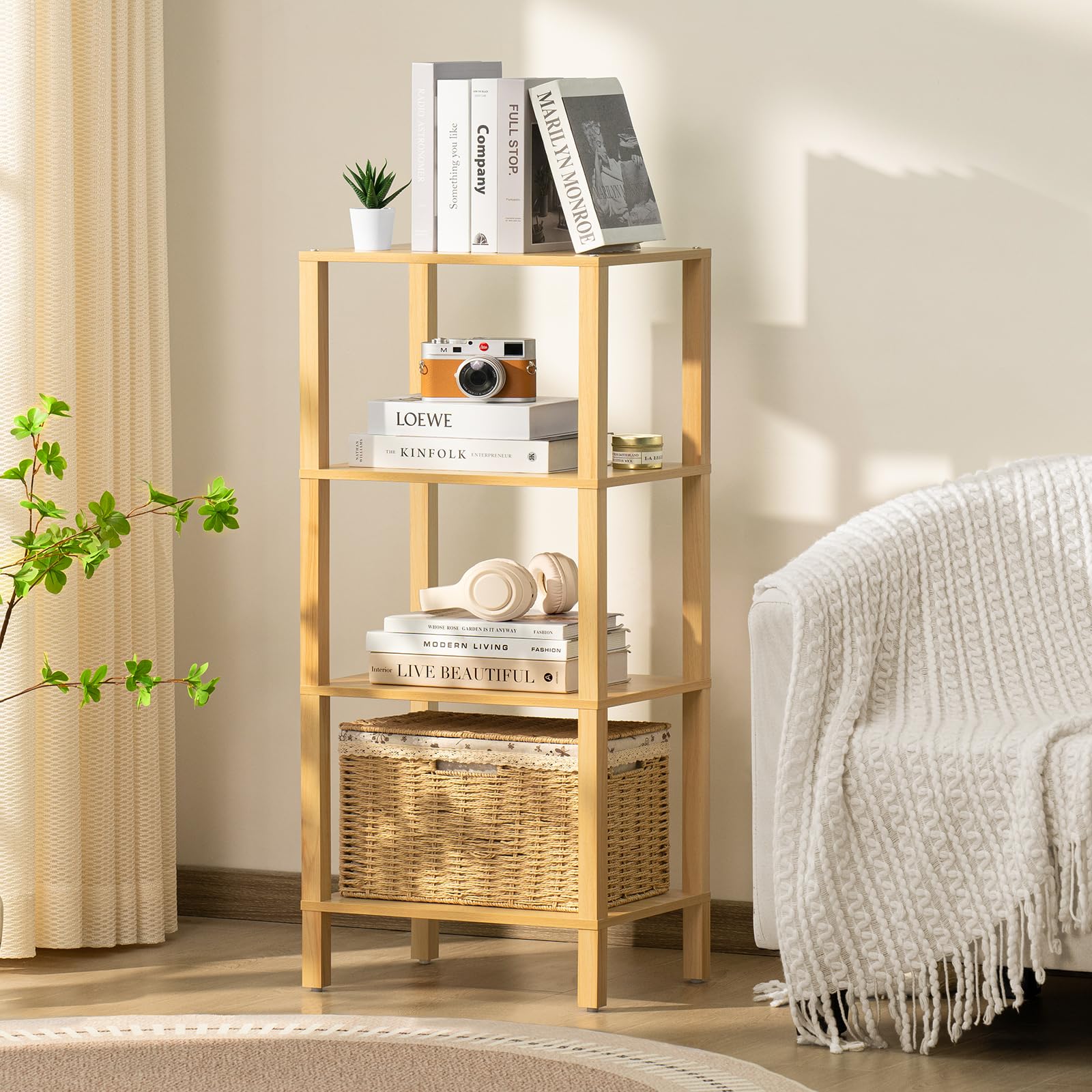 Amazon.com: YUFAM 4 Tier Tall Bamboo Bookshelf with Storage - Small ...