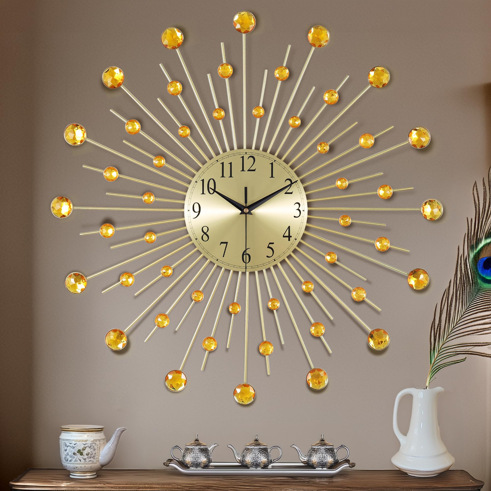 Lafocuse 23 Inch Silent Metal Bling Crystal Wall Clock Gold Battery ...
