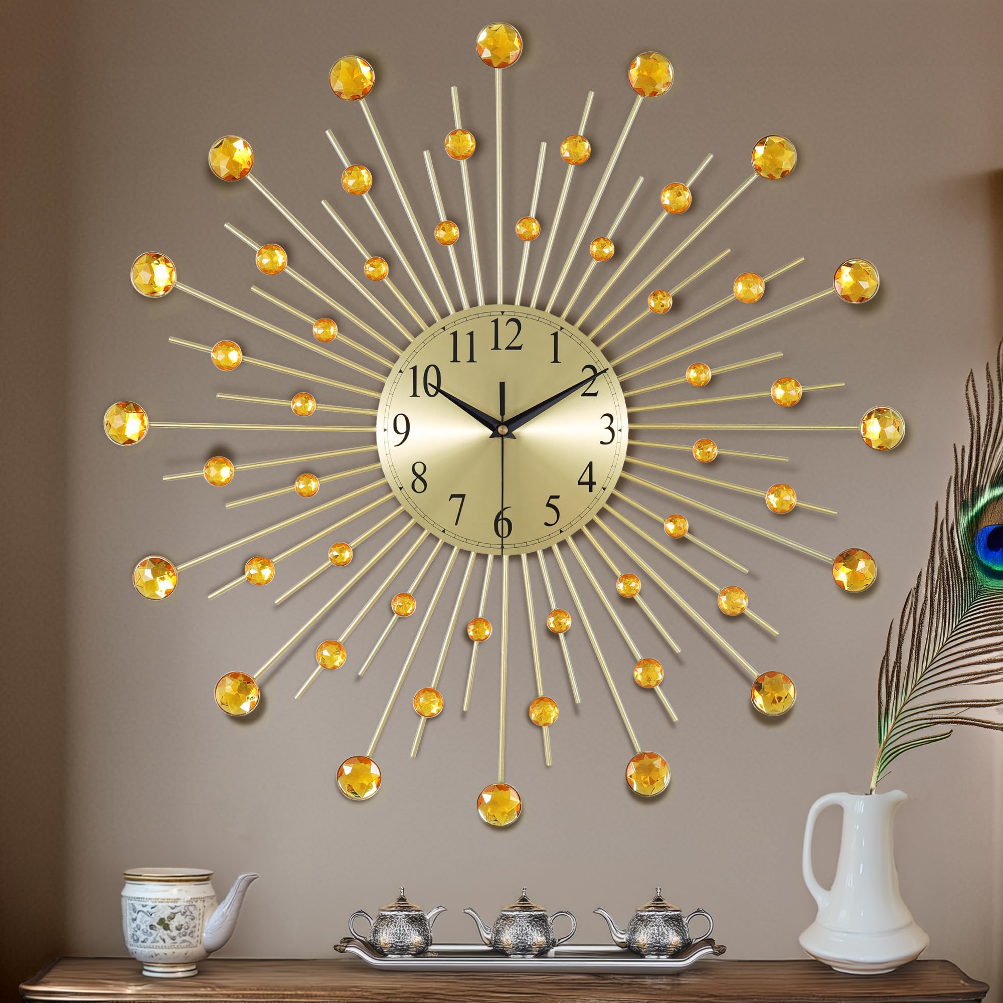 Lafocuse 23 Inch Silent Metal Bling Crystal Wall Clock Gold Battery ...