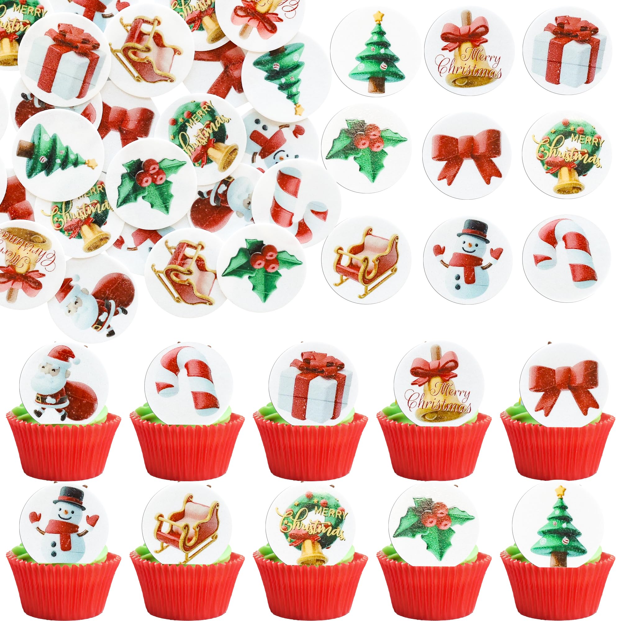 Amazon.com: Gyufise 50Pcs Edible Merry Christmas Cupcake Toppers Edible ...