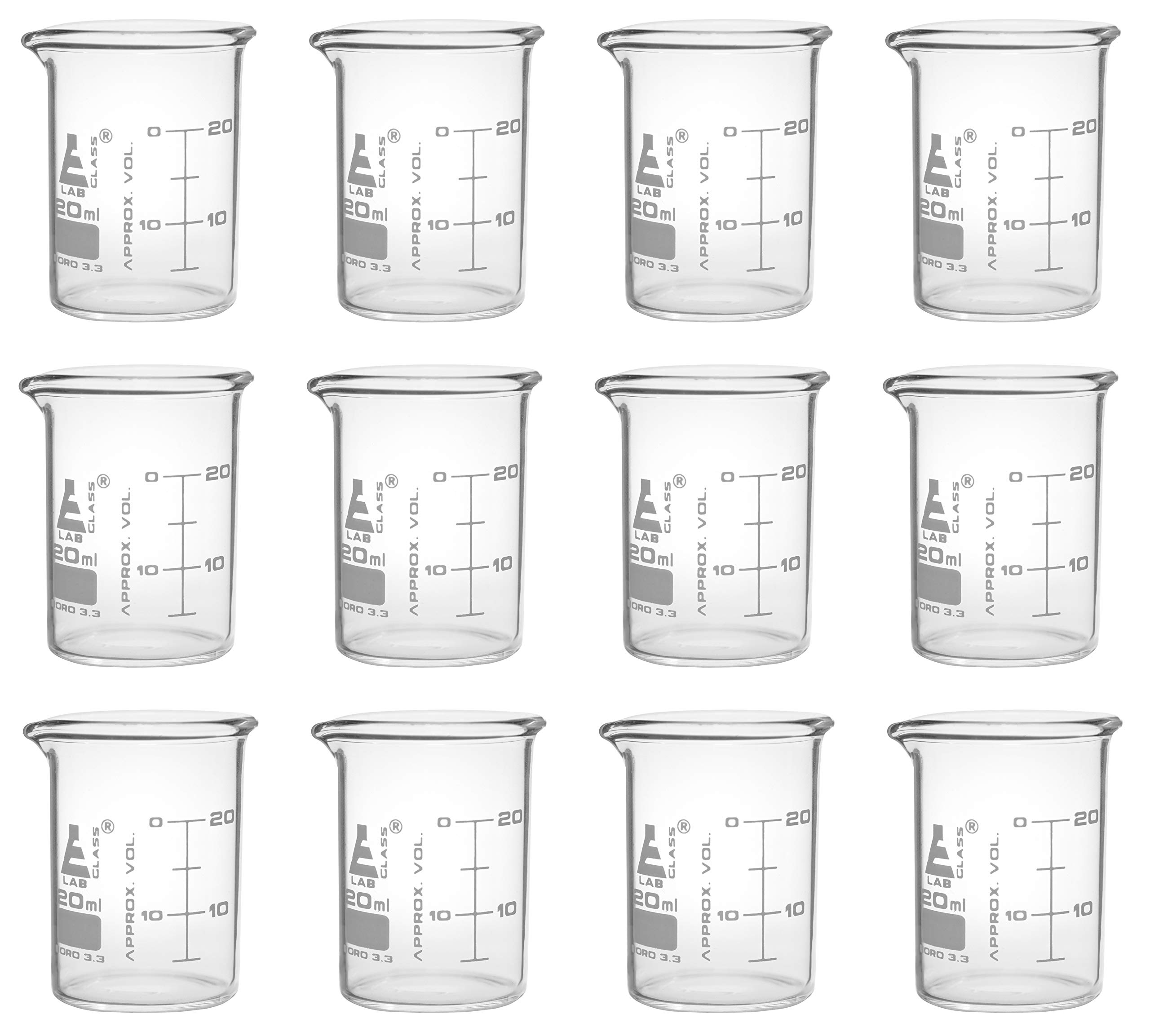 EISCO 12PK Beakers, 20ml - ASTM - Low Form with Spout - Dual Scale ...