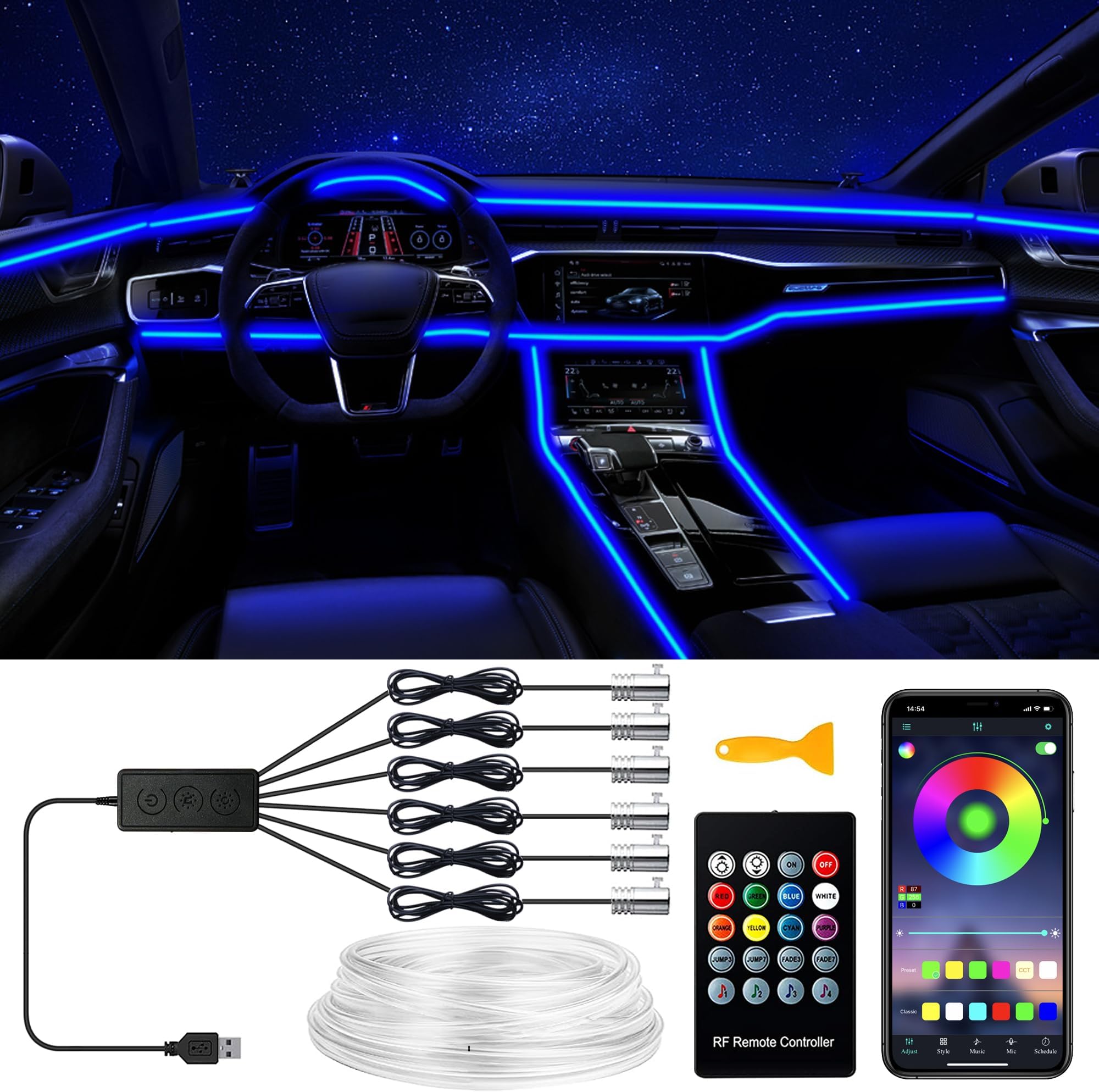 Amazon.com: Interior Car LED Strip Lights, RGB 6 in 1 Ambient Lighting ...