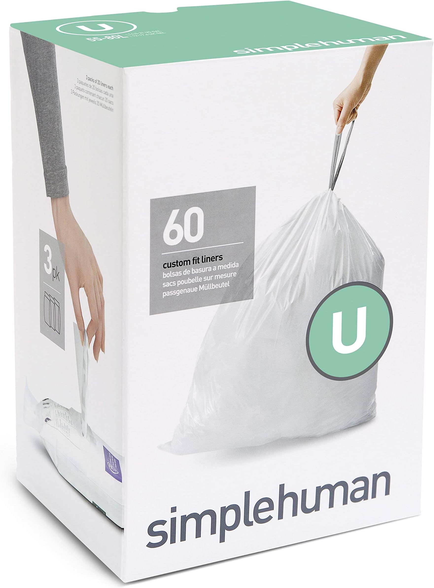 simplehuman CW0411 code J Custom Fit Bin Liner Bulk Roll Pack, White Plastic (8 Roll Pack of 30 ...