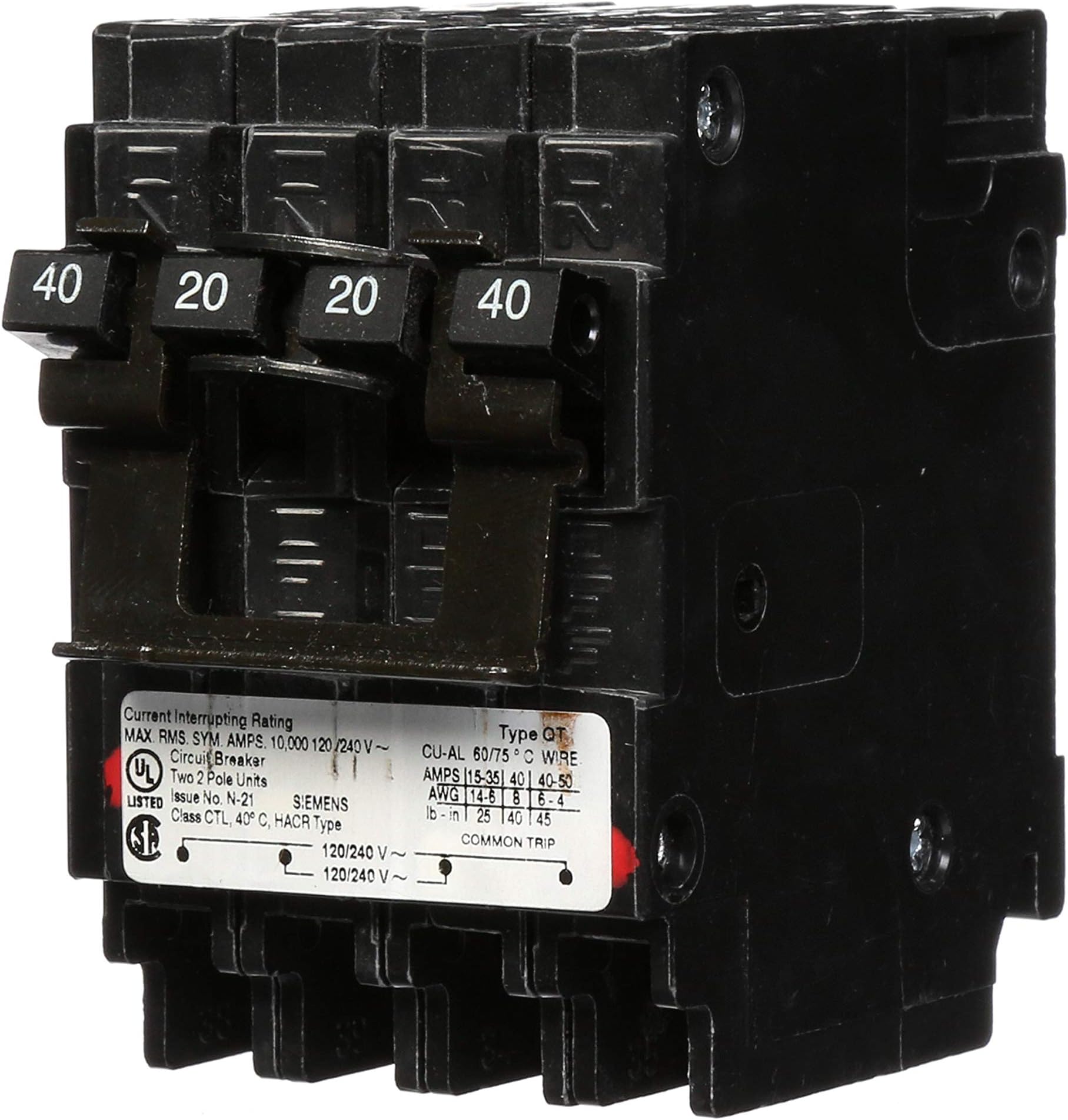 Siemens Q24040CT2 Two 40-Amp Double Pole Circuit Breaker - Magnetic ...
