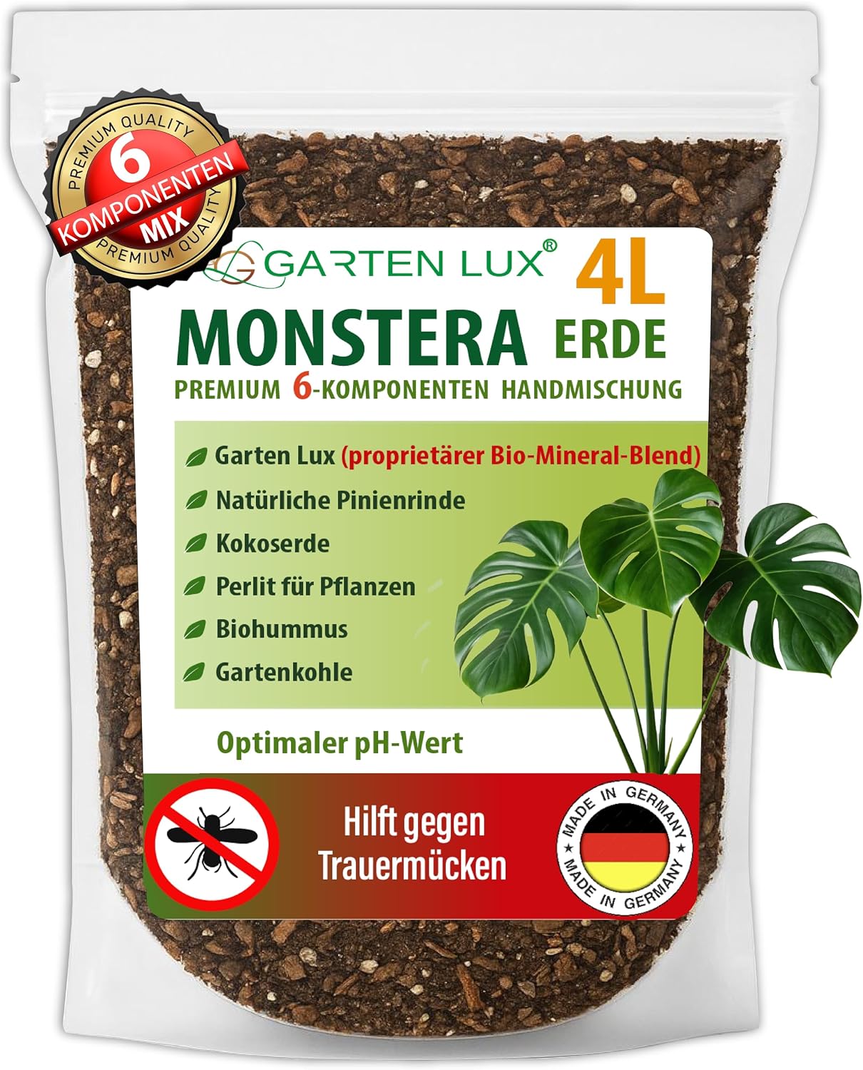 Garten Lux Monstera Erde 4 L torffrei – 6‑in‑1 gegen Trauermücken ...
