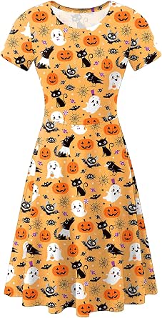 Amazon.com: Women Skull Pumpkin Short Sleeve Mini Dresses Swing ...