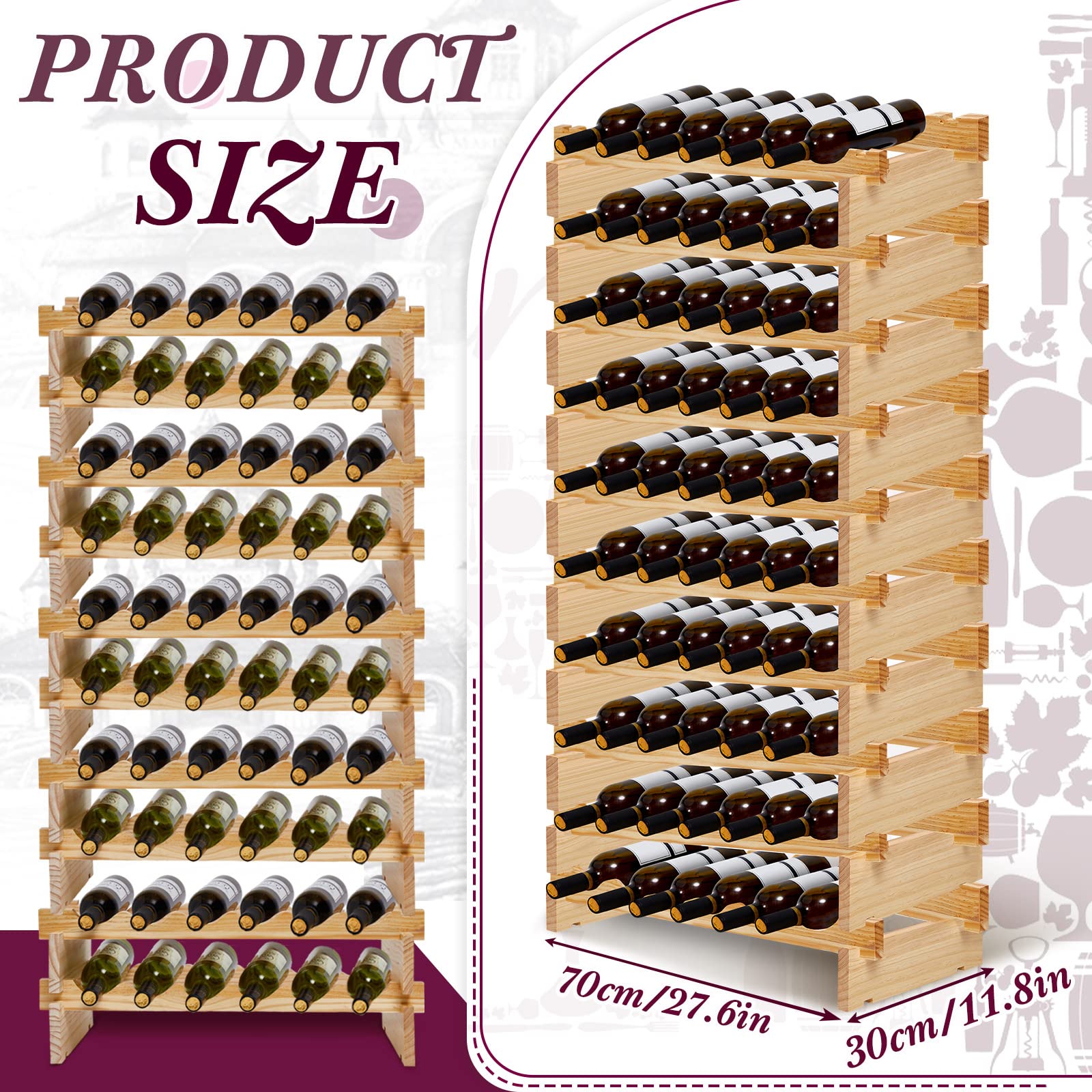 Roowest 60 Bottle Stackable Wine Rack 27.6 x 11.8 x 47.2 Bamboo Wine ...