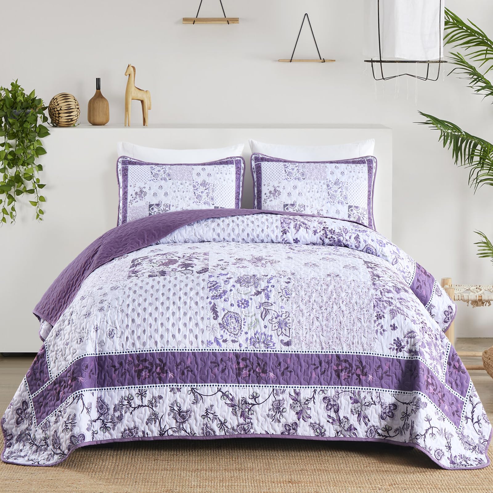 Amazon.com: Mybedsoul Purple Quilt Queen Size 3 Pieces,Boho Plaid ...
