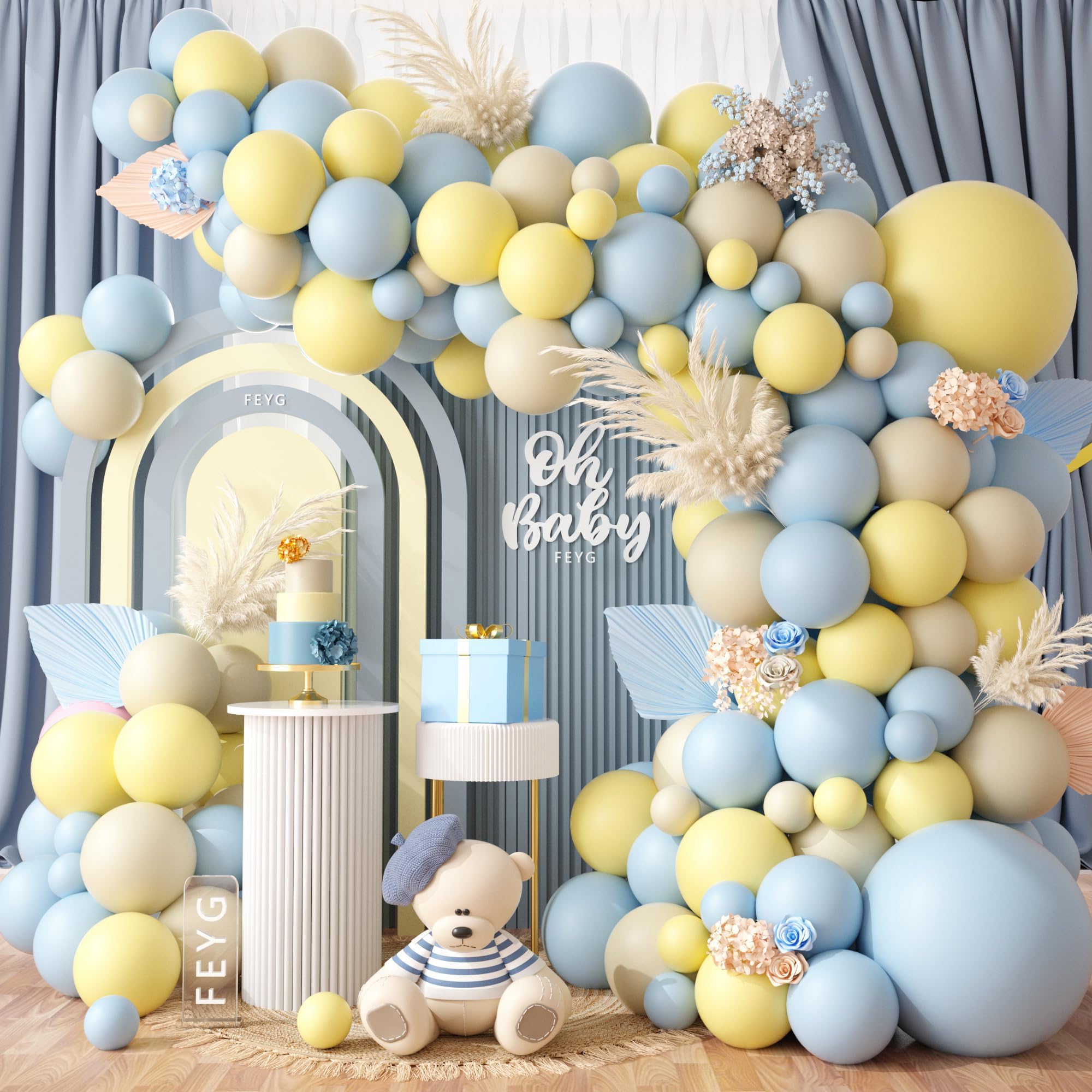 Snapklik.com : Pastel Blue Yellow Balloon Garland Arch, White Sand ...