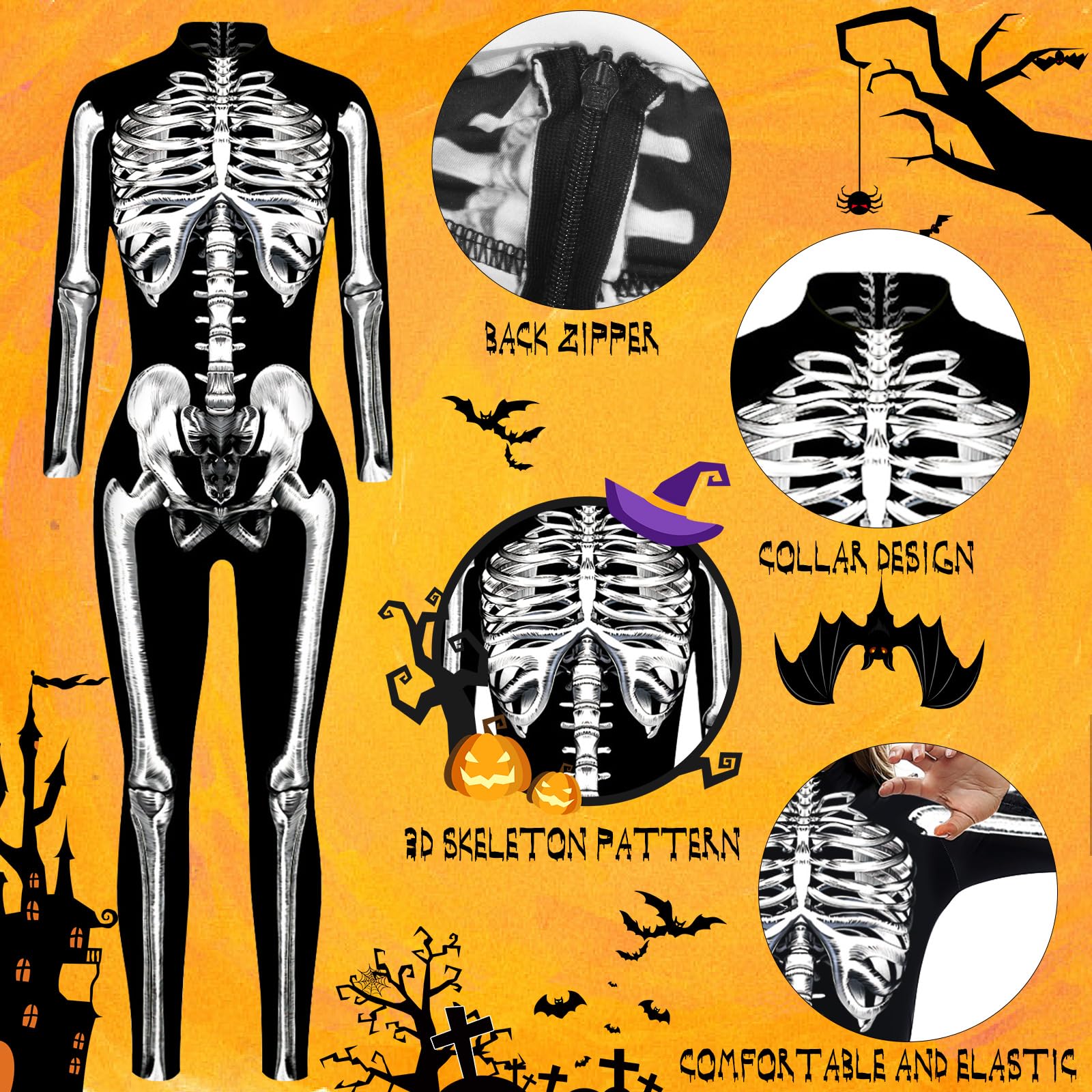 Snapklik.com : Halloween Skeleton Costume Women Cosplay Bodysuit Outfit ...