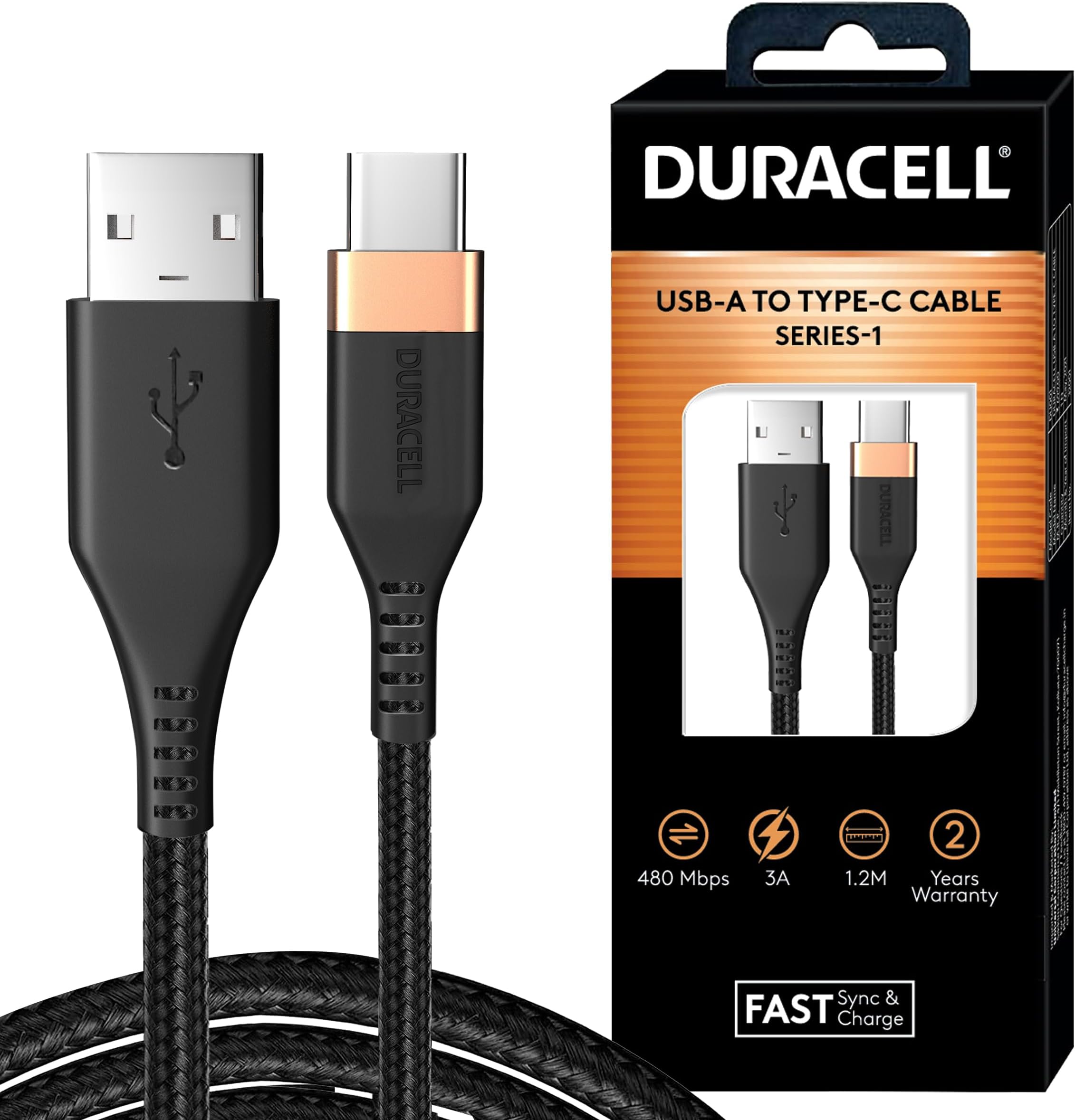 Duracell Usb-A To Type C, 65W Braided Sync&Fast Charging USB Cable, 3.9 ...