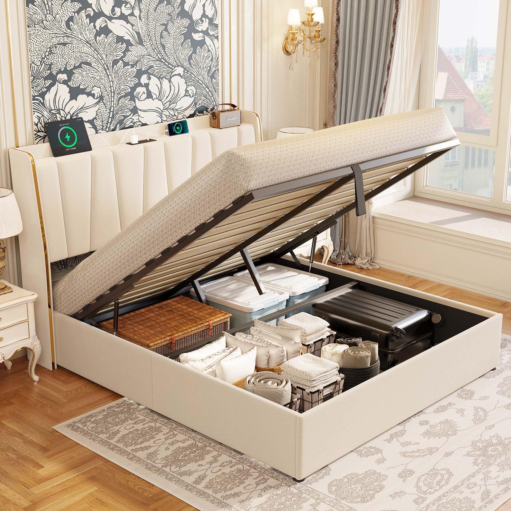 Amazon.com: Morhome Queen Size Lift Up Storage Bed, Upholstered ...