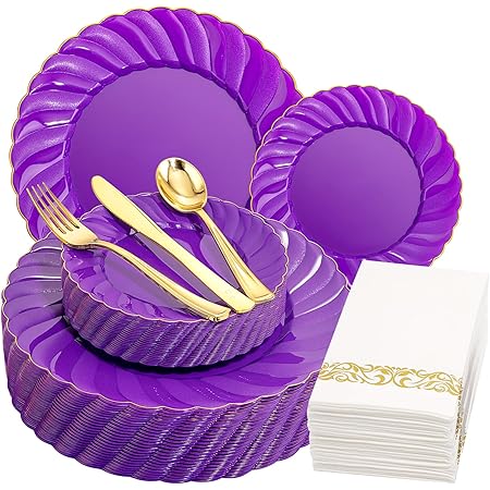 Amazon.com: YOUBET 150PCS Purple Plastic Plates-Gold Plastic Silverware ...