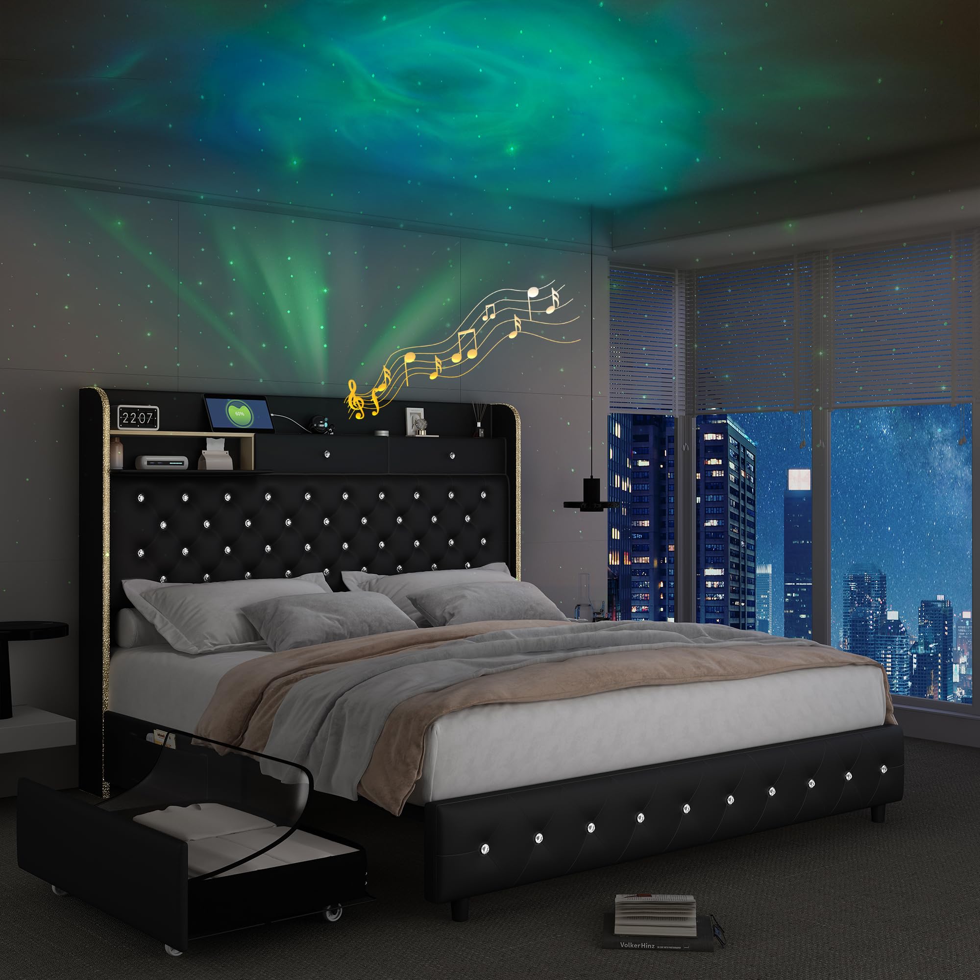 Amazon.com: Queen Led Bed Frame with Galaxy Aurora Star Projector ...
