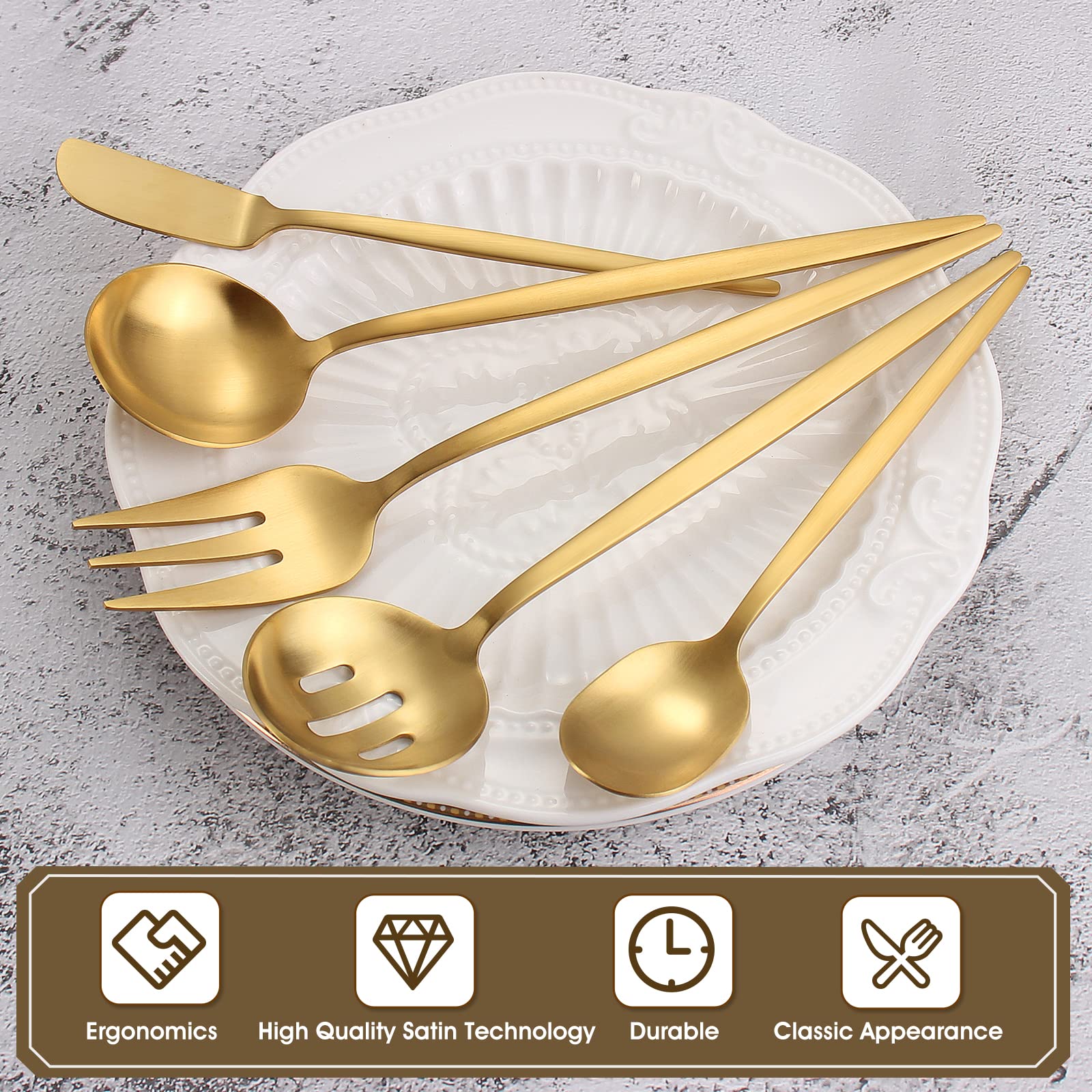 Snapklik.com : Matte Gold Serving Silverware Set, 5-Piece Round Shared ...