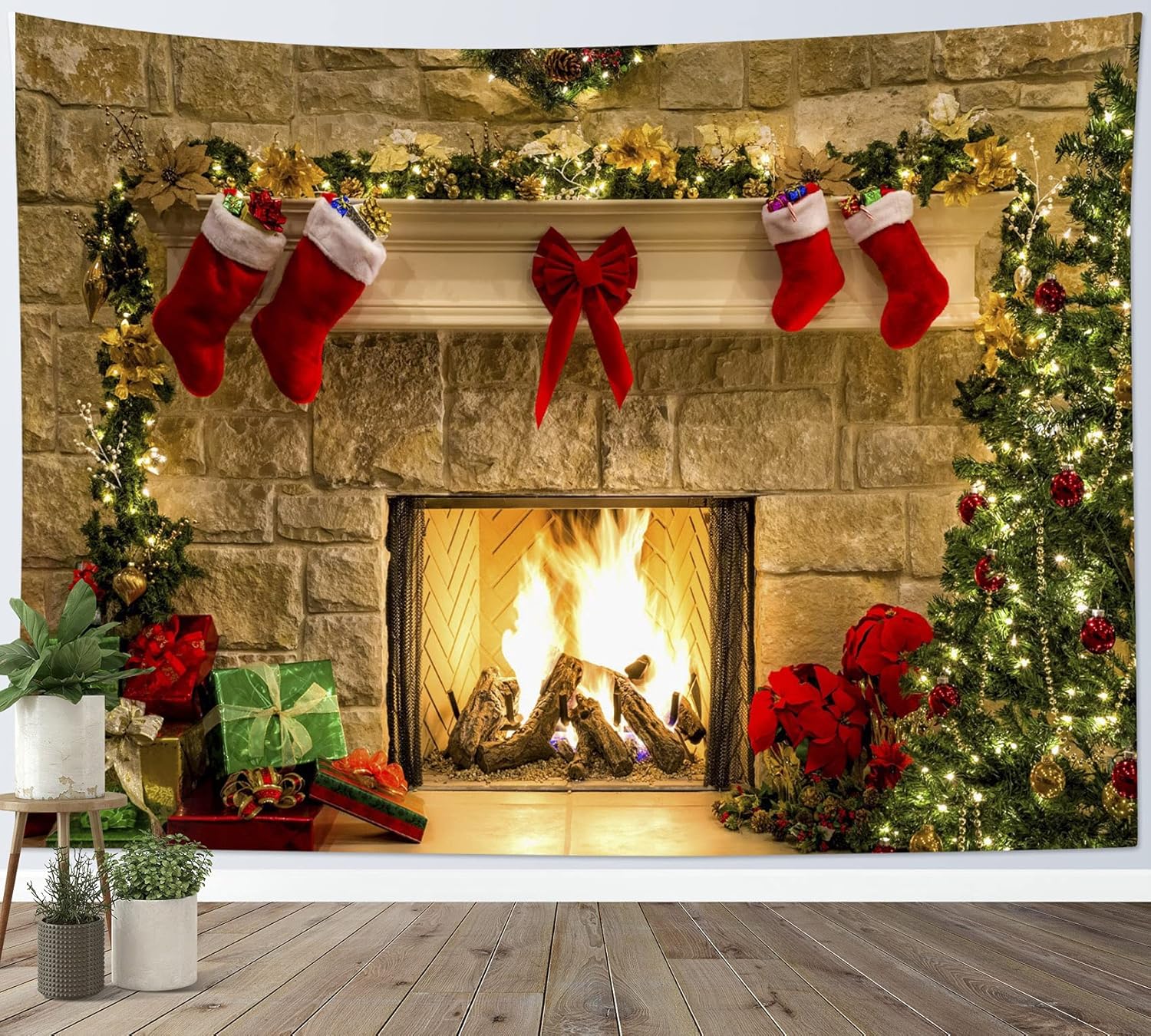 Amazon.com: HVEST Christmas Fireplace Wall Hanging with Tree, Stockings ...