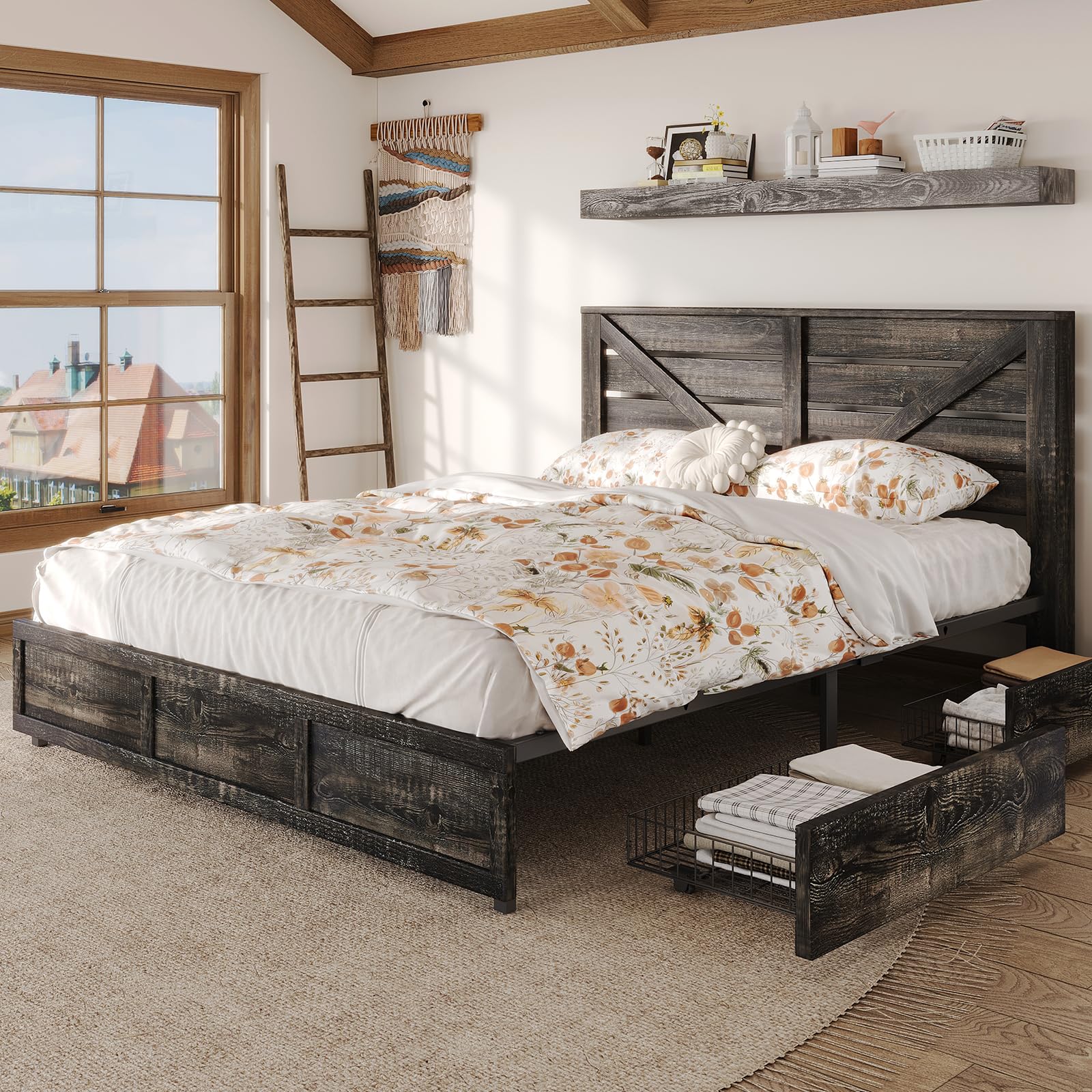 Amazon.com: LUXOAK 48.8" H Full Size Bed Frame with 4 Storage Drawers ...