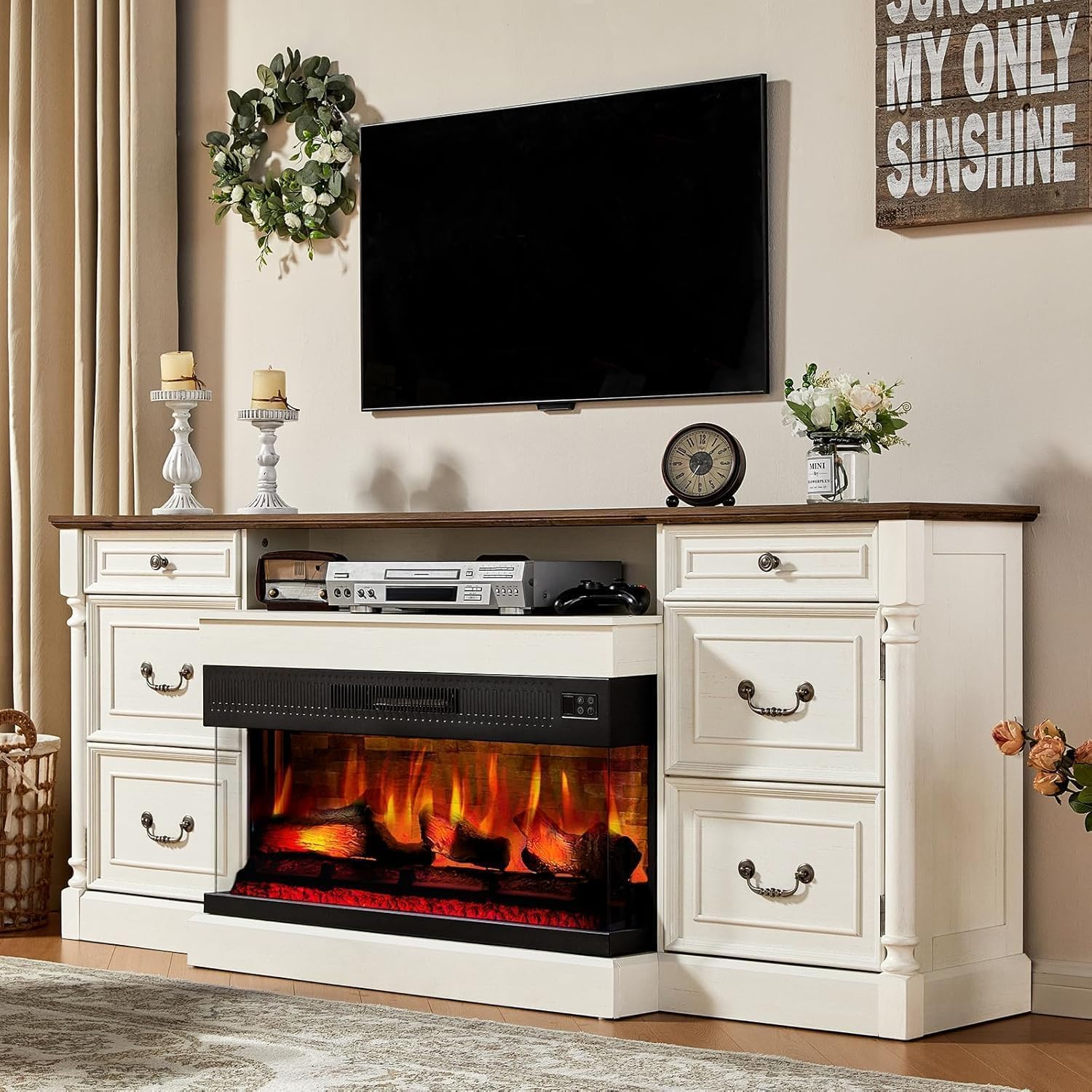 Jocisland Roman Columns 3-Sided Glass Fireplace TV Stand for TVs up to ...