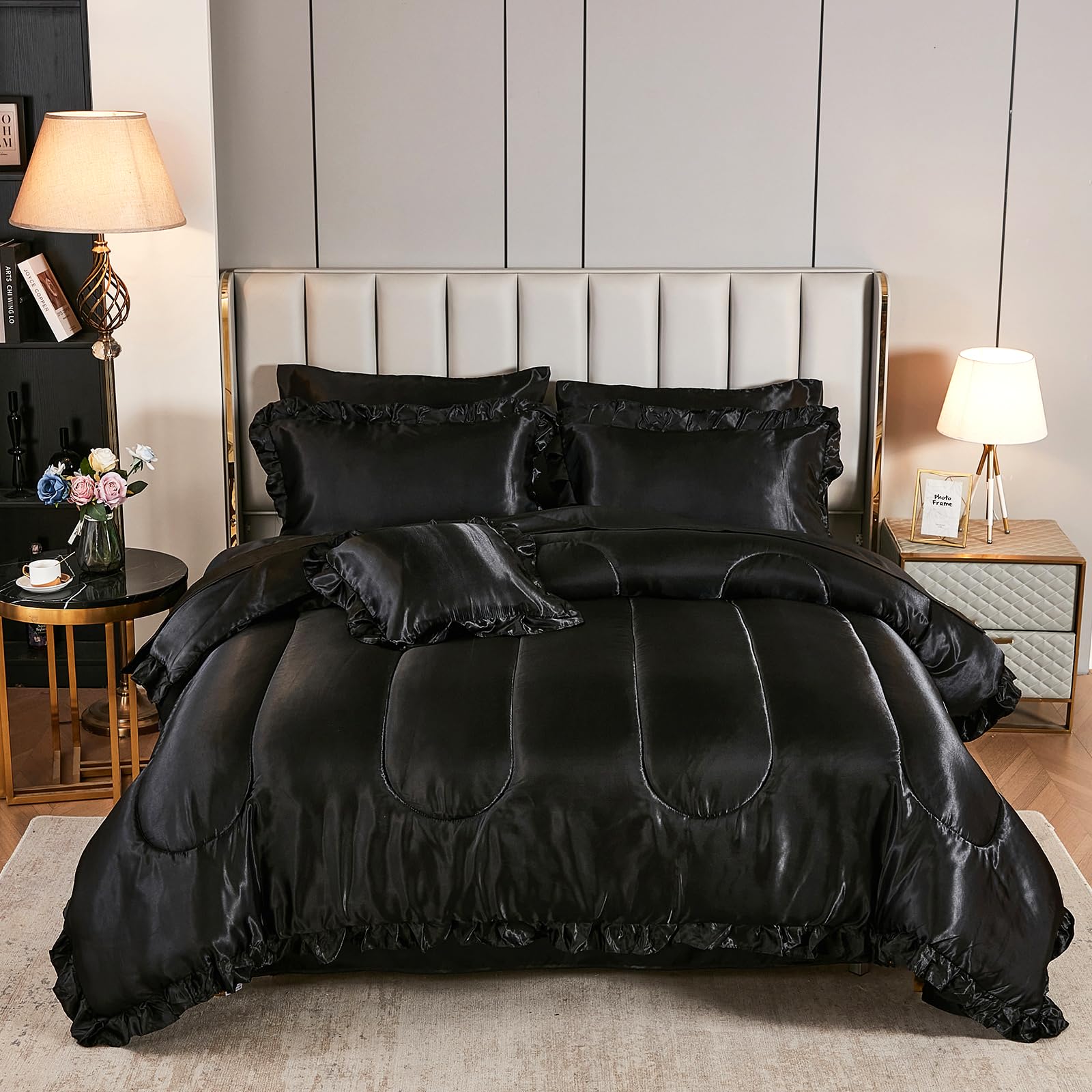 Amazon.com: Satin Comforter Set with Sheet Set King 8 Pieces Silk Like ...