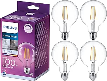 Philips G95 Clear Filament LED Light Bulb, Dimmable, E27, 11.5W, 1521 Lumens, Neutral White ...