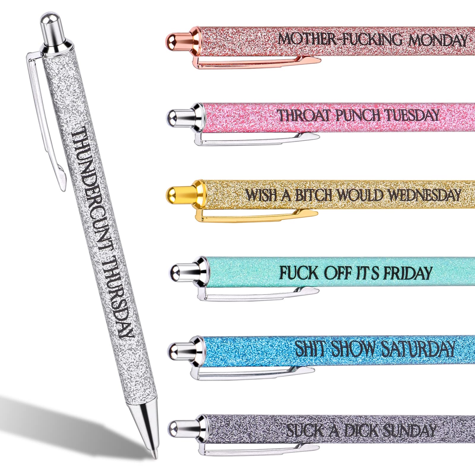 Tikplus 7 Pcs Retractable Ballpoint Pens, 1.0mm Week Funny Pens, Black ...