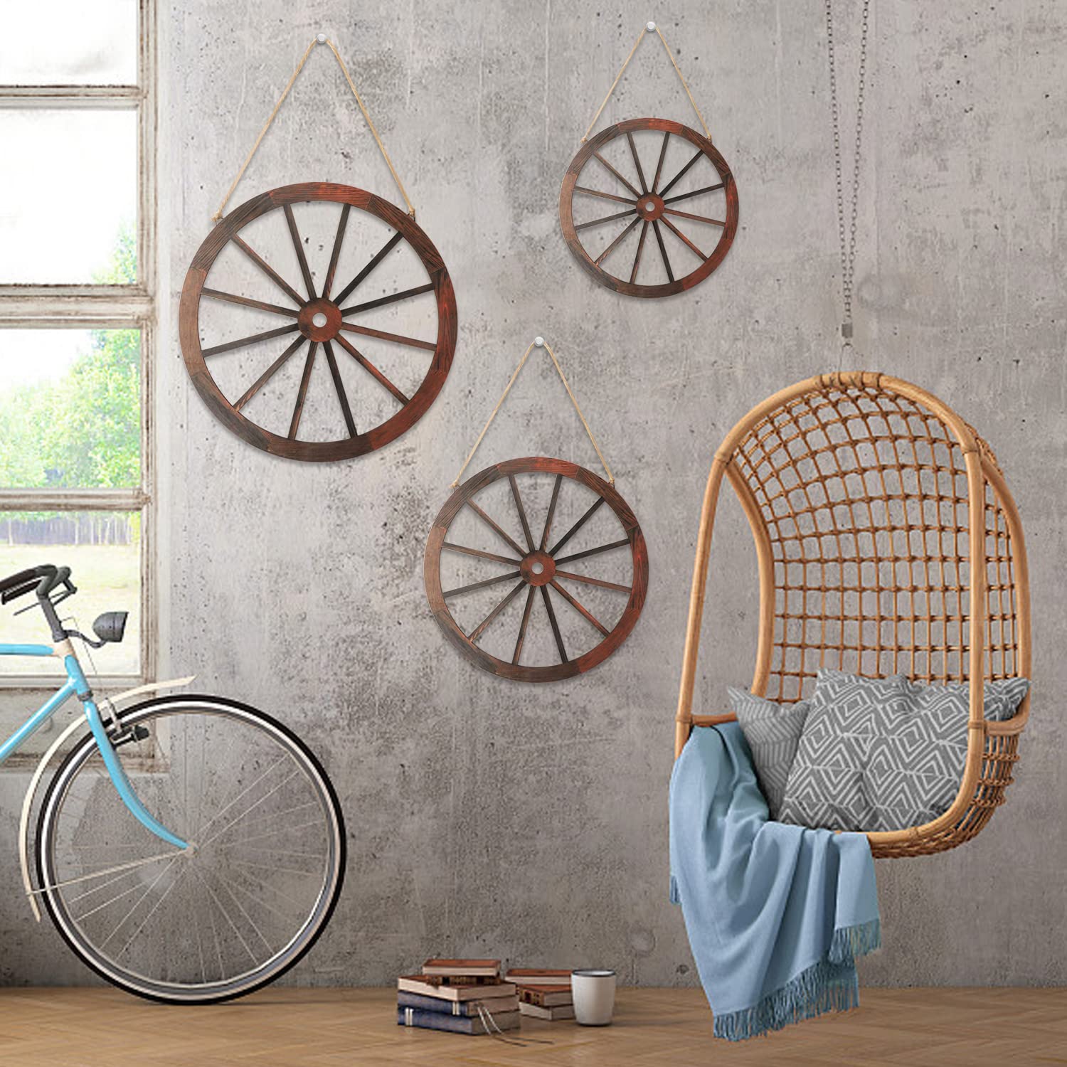 YiYa 3 PCS Wagon Wheel Decor, 20/25/30 CM Rustic Wagon Wheel Wall Decor ...