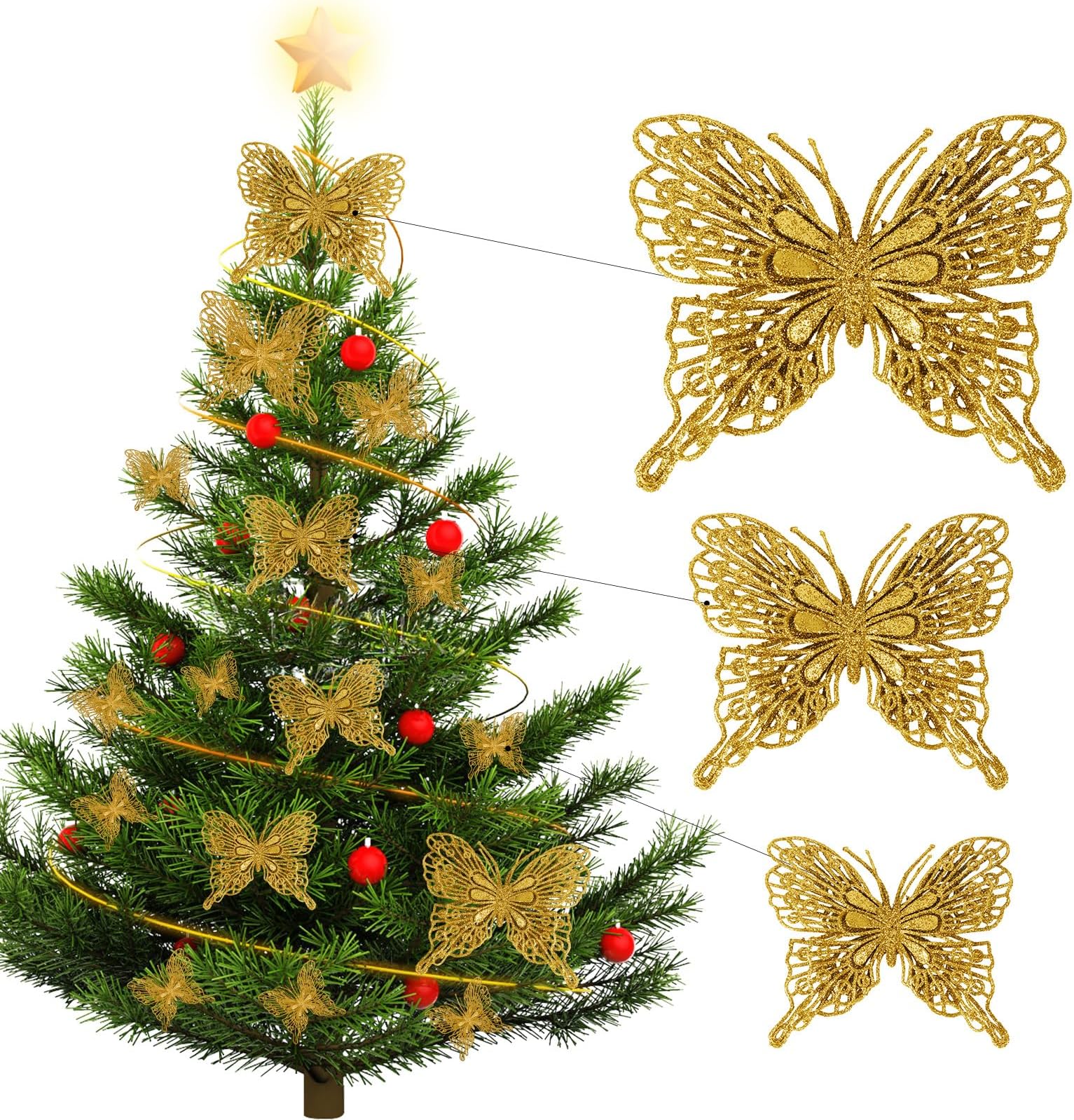 Amazon.com: Charniol 36 Pcs 3 Size Christmas Tree Butterfly Decorations ...