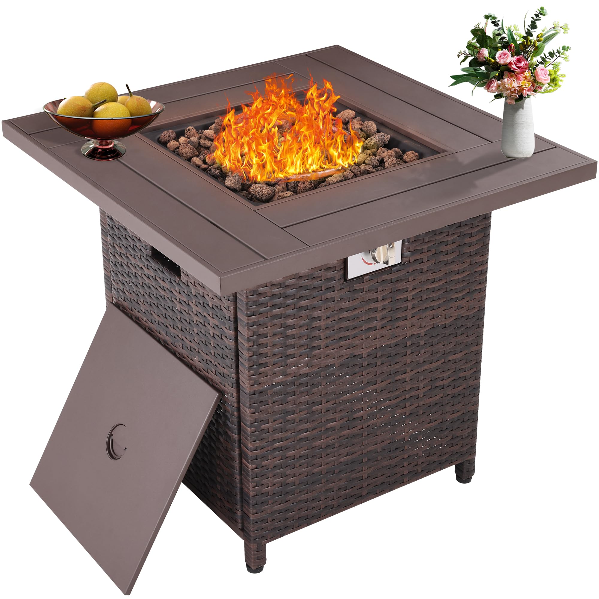 SOINMTY 28 Inch Propane Fire Pit Table, 50,000 BTU Rattan Gas Fire Pit ...