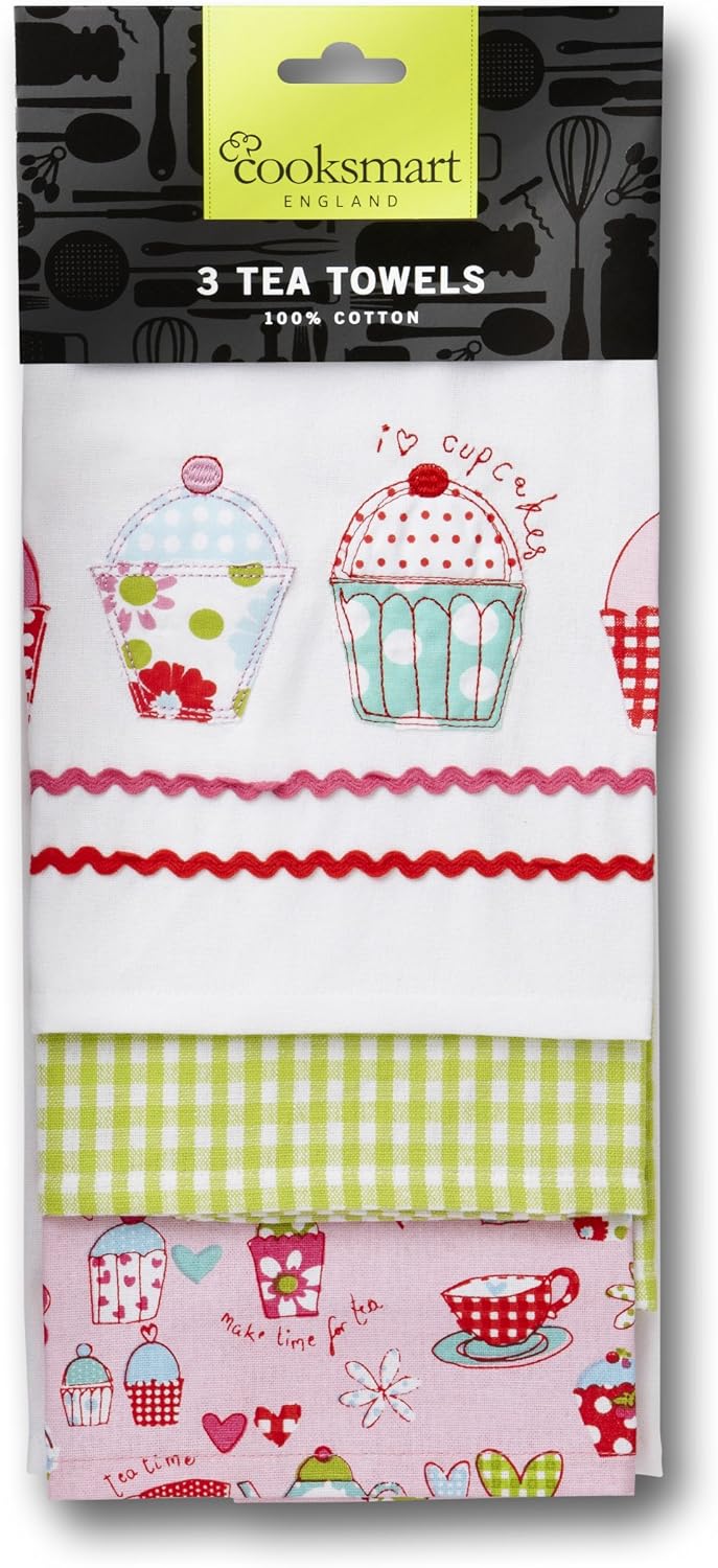 Cooksmart Tea Towels, Pack of 3, Cupcakes : Amazon.co.uk: Home & Kitchen