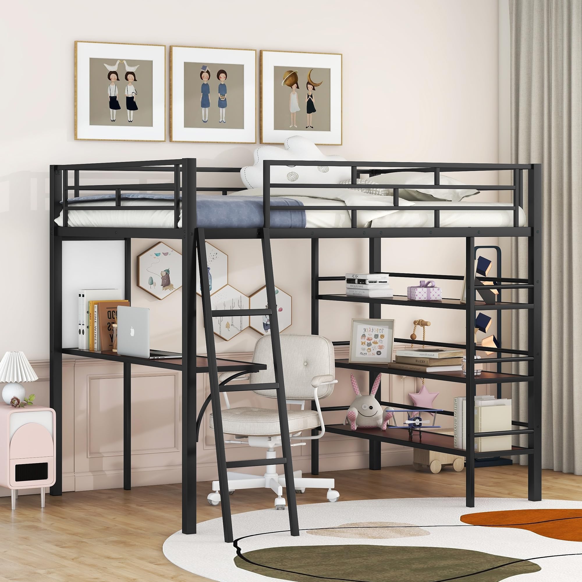 Amazon.com: Urunqi Full Size Loft Metal Bed with 3 Layers of Shelves ...