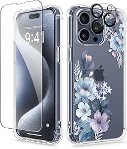 Amazon.com: GVIEWIN for iPhone 15 Pro Max Case Floral,with Screen Protector & Camera Lens ...