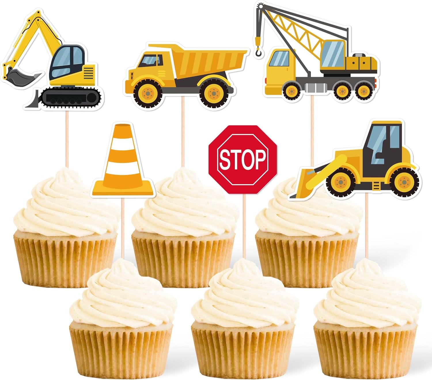 Amazon.com: 36 Pcs Construction Cupcake Toppers Stop Sign Dump Truck ...