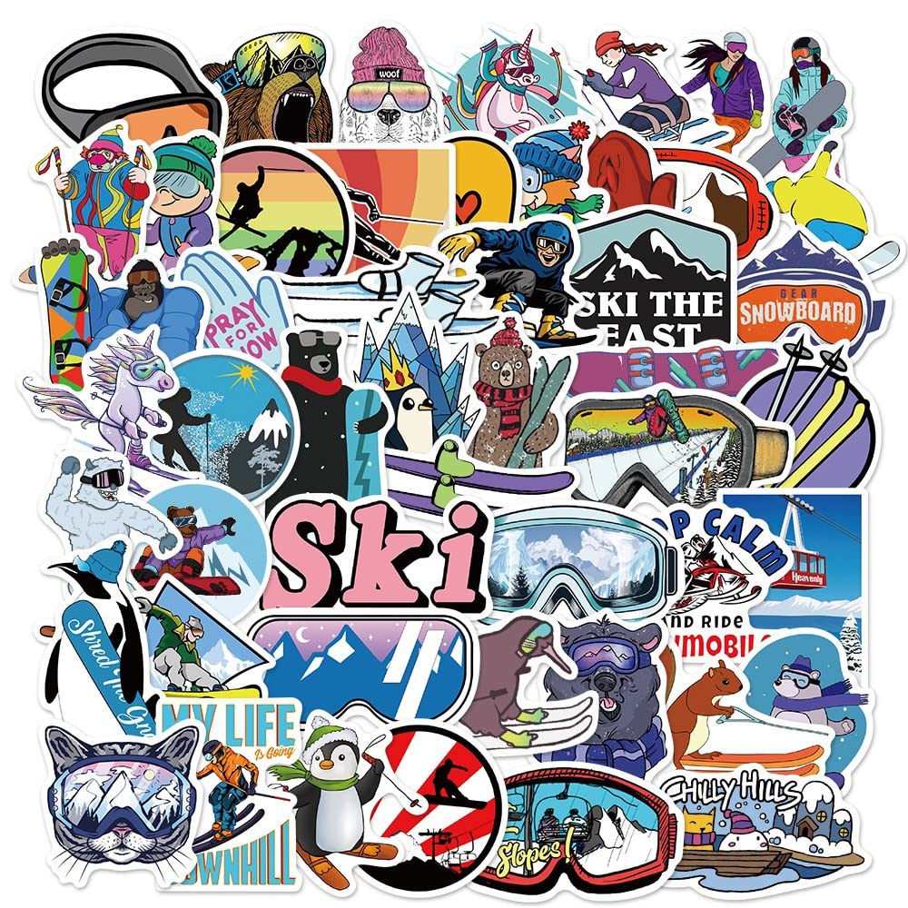 Ski Stickers, 50 Pcs Cool Skiing Waterproof Cartoon Helmet Stickers for ...