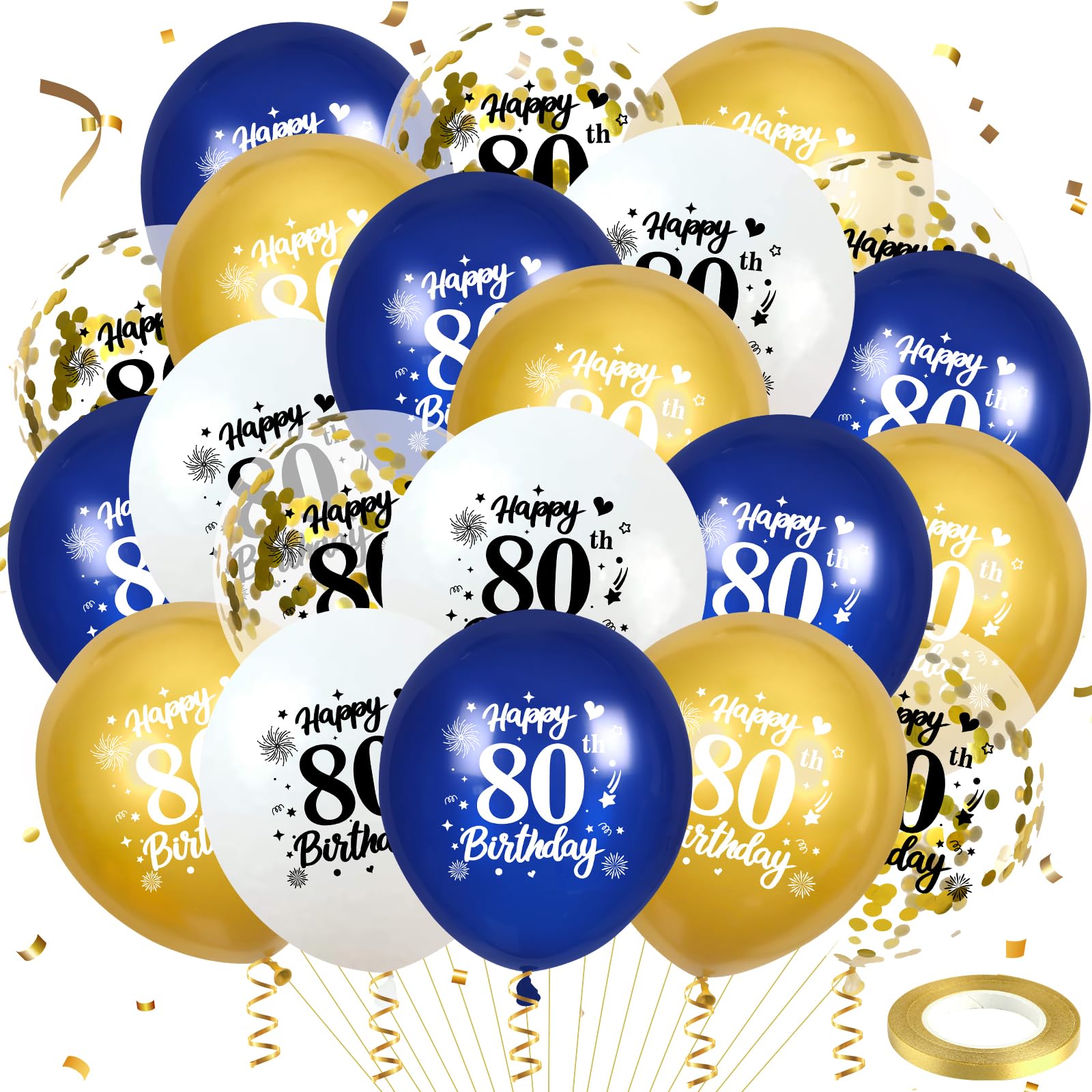 Amazon.com: Blue Gold 80th Birthday Balloons 24Pcs Navy Blue White Gold ...