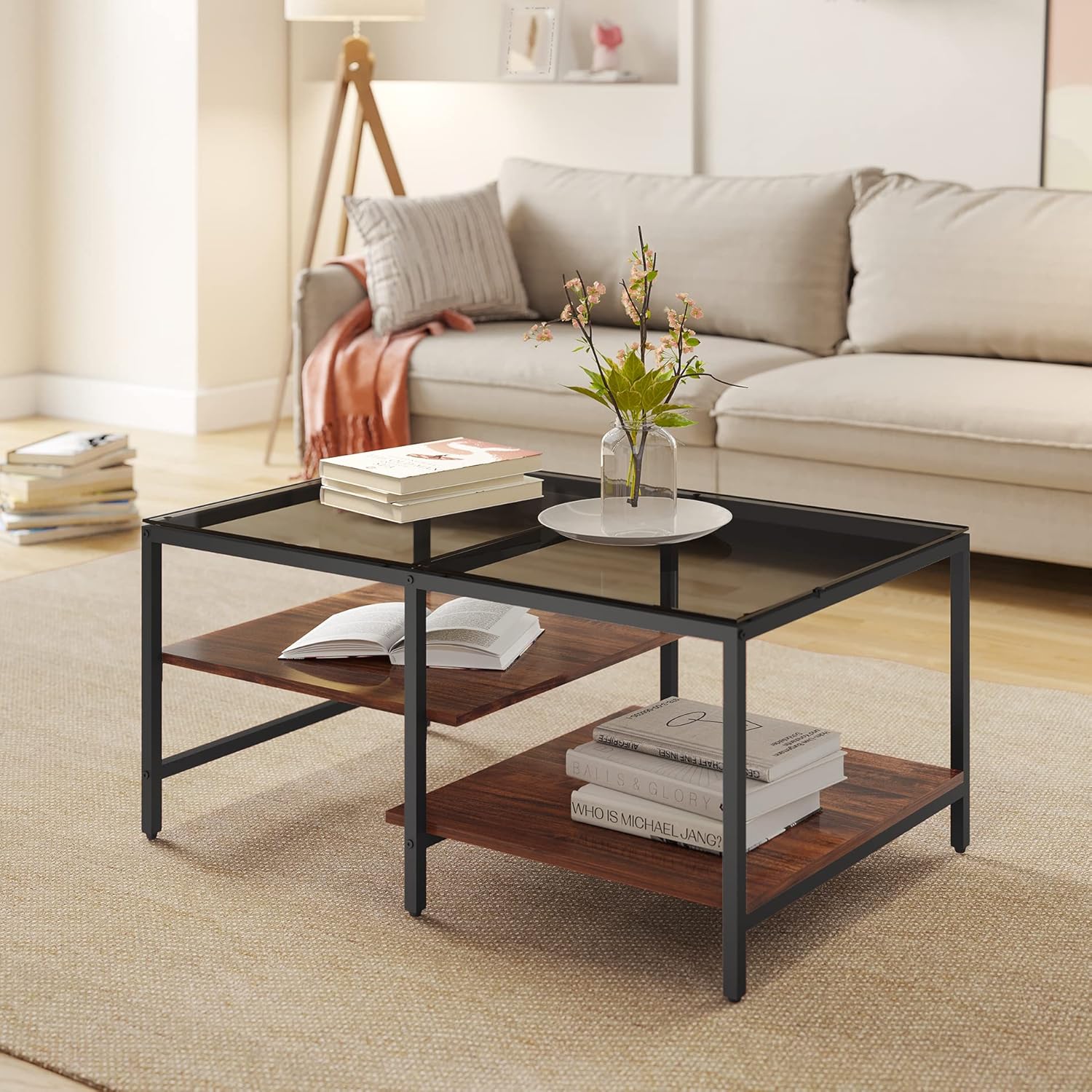 HOMOOI Glass Coffee Table, Multi-Level Platform with Two Heights Open ...