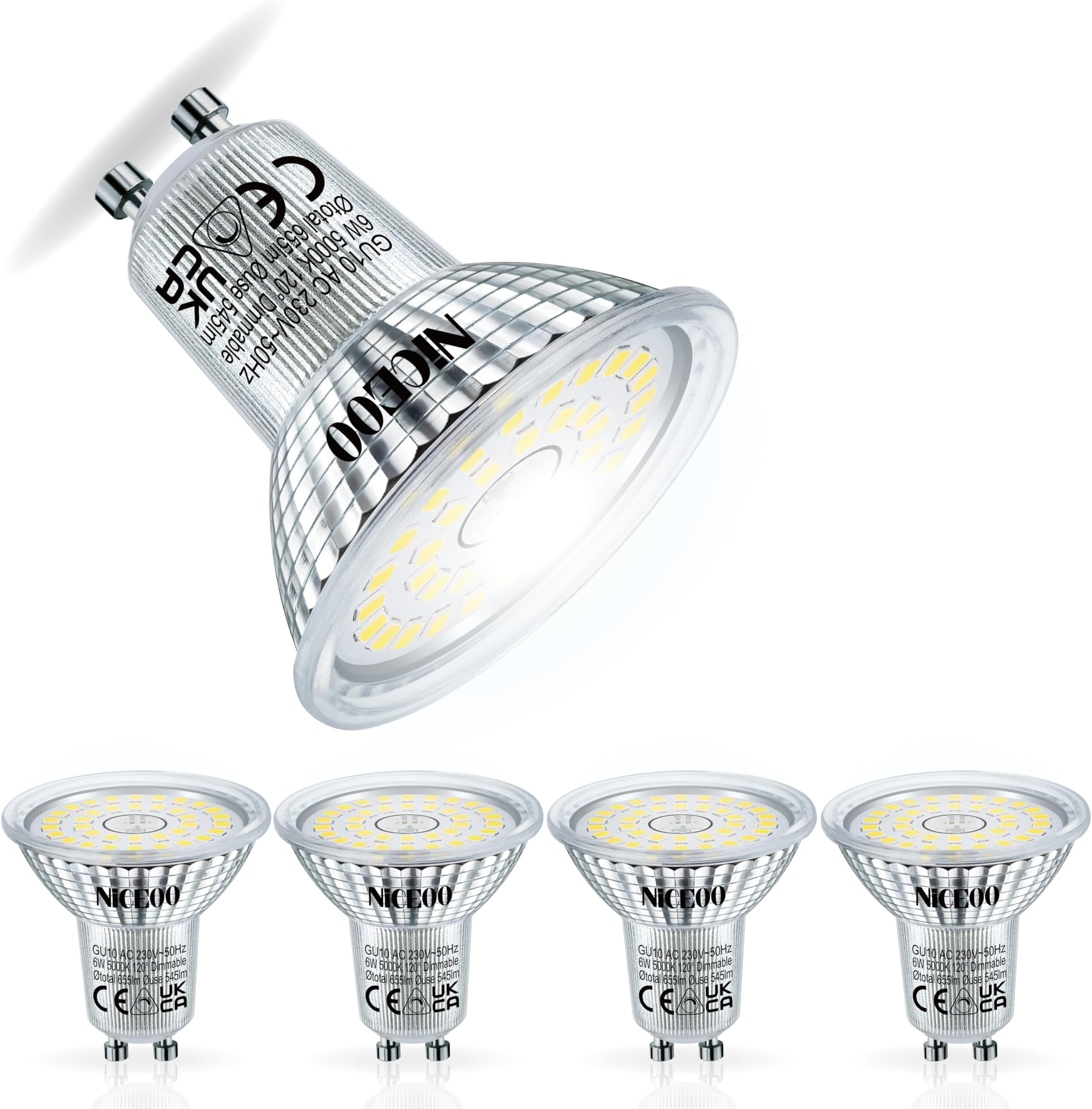 NICEOO GU10 LED Bulbs Dimmable, Daylight White 5000K, 6W 655LM, 75W Halogen Equivalent, Energy ...