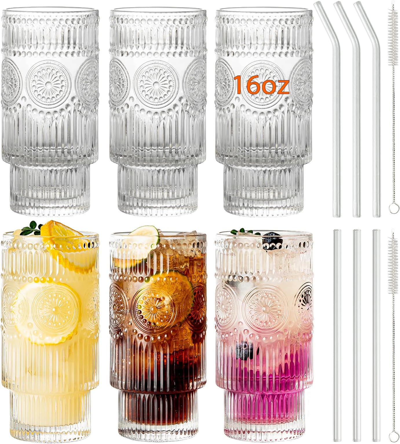 Amazon.com | SoulTimes 6 Pack Large 16oz Ribbed Glassware Set, With ...
