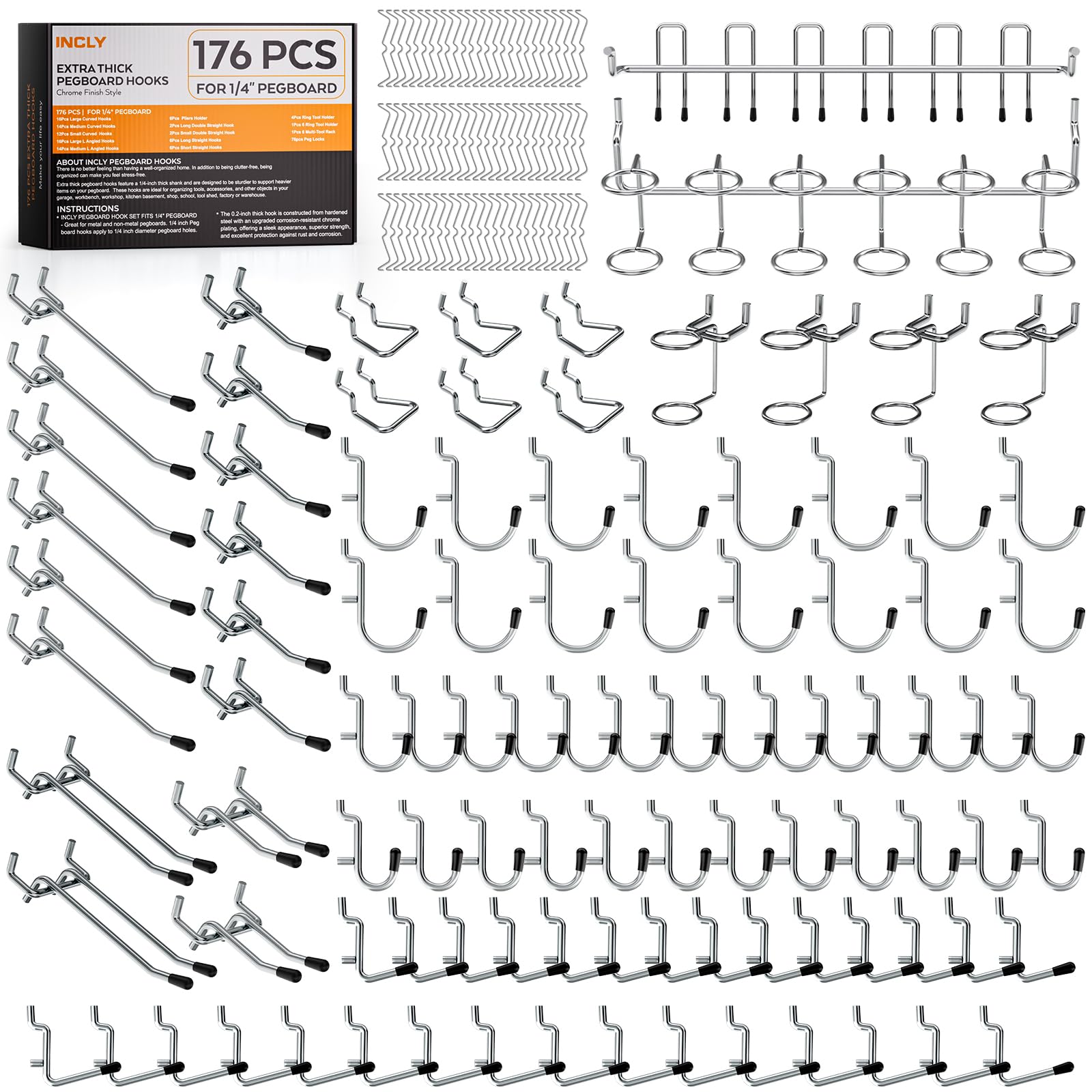 Snapklik.com : INCLY 176PCS Extra Thick Pegboard Hooks Set, 1/4" Heavy ...