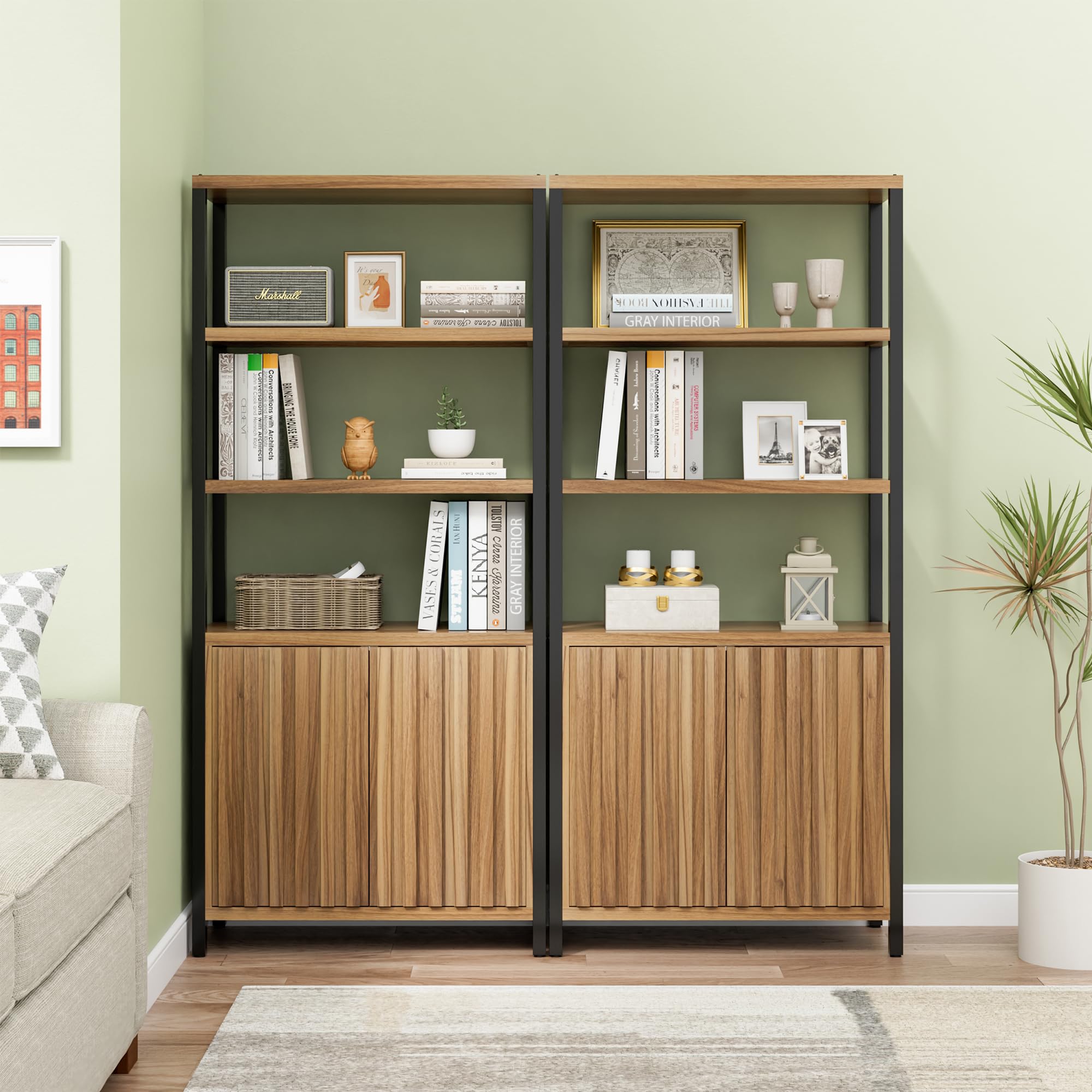 Amazon.com: UEV Bookshelf 5 Tier Wood Boho Bookshelf with Storage Door ...