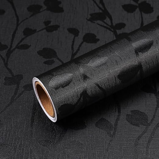 VEELIKE Black Wallpaper Peel and Stick Textured Black Contact Paper for Cabinets Drawers Walls ...