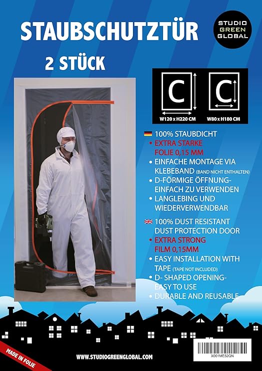 Staubschutztür mit Reißverschluss (2 stück set) 1,2x2,2m - Staubtür extra stark Folie 0,15mm ...