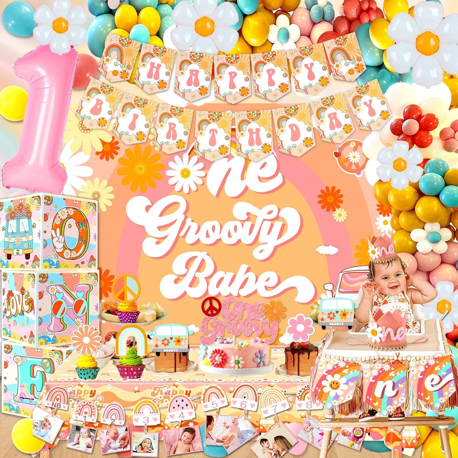 Amazon.com: Yusino Groovy Birthday Decorations - Girl's 1st Birthday ...