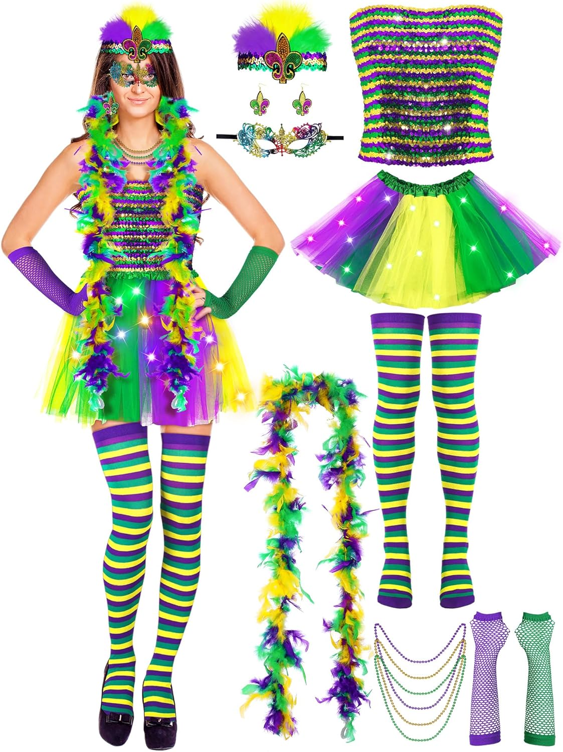 Amazon.com: Silicherry 13 Pcs Mardi Gras Outfit for Women Mardi Gras ...