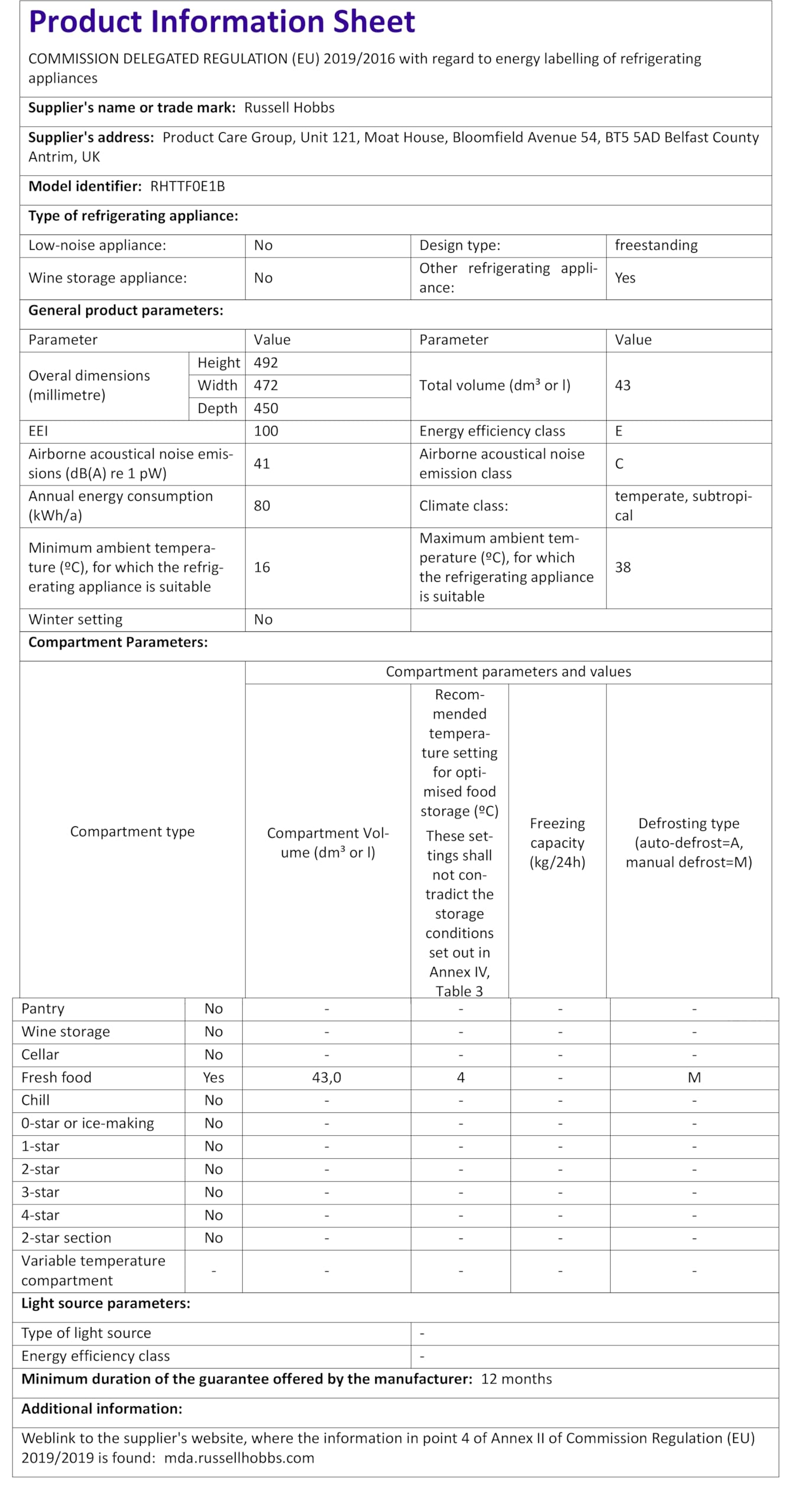 Russell Hobbs RHTTLF1B 43L Table Top F Energy Rating Fridge Black ...
