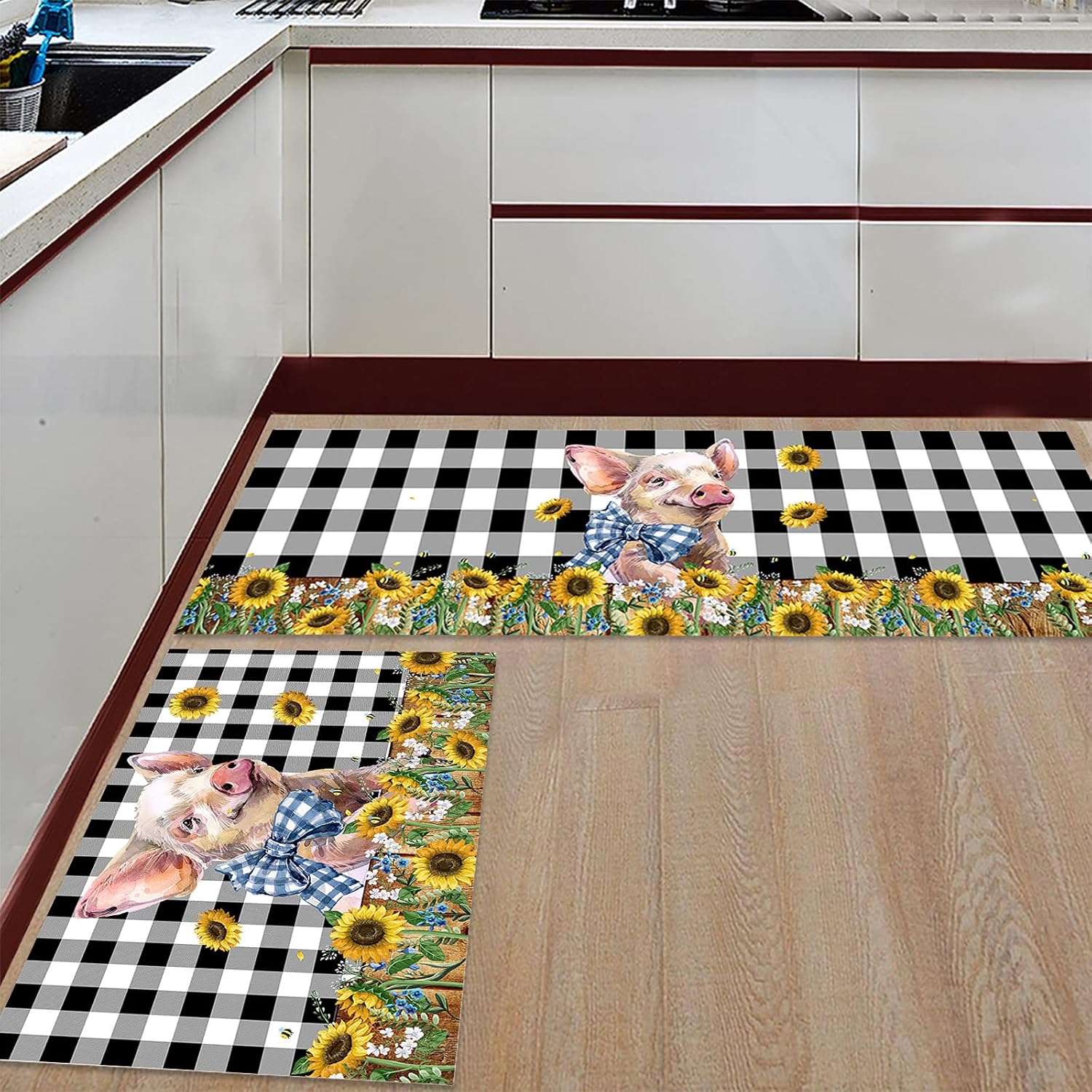 Amazon.com: Kitchen Mat 2PCS Watercolor Pig with Sunflower Farm Animal ...