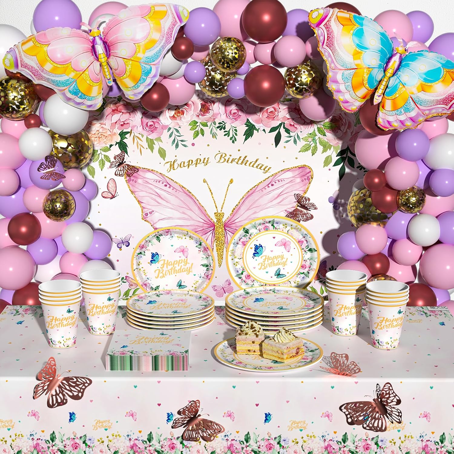 Amazon.com: Butterfly Birthday Decorations Supplies - Serve 20 Include ...