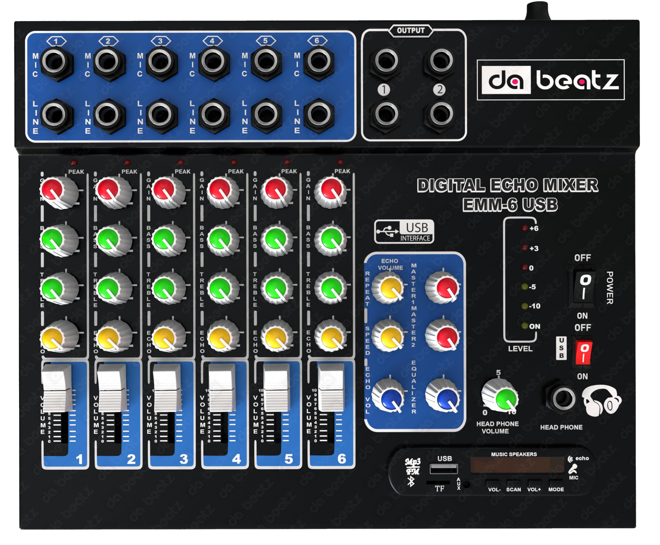 DaBeatz 6-Channel Stereo Echo DJ Sound Mixer with USB and Bluetooth for ...