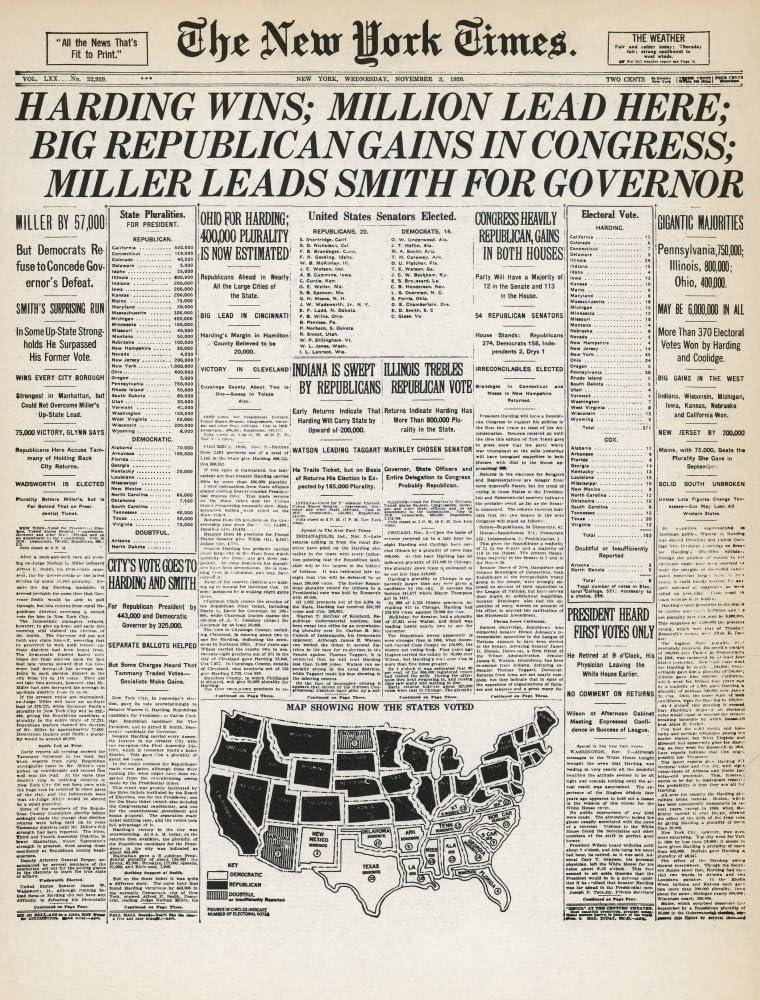 Amazon.com: Presidential Campaign 1920 Nfront Page Of The New York ...