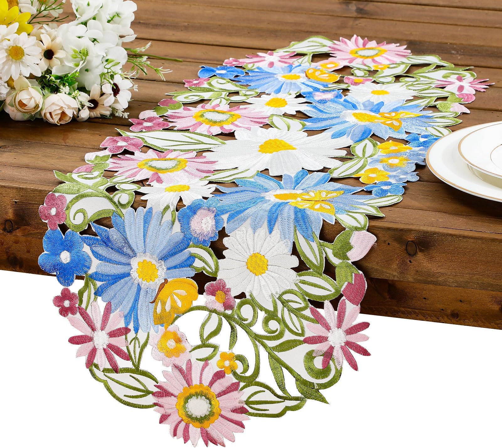 Amazon.com: Creative Linens Embroidered Rose Daisy Floral Cutwork Table ...