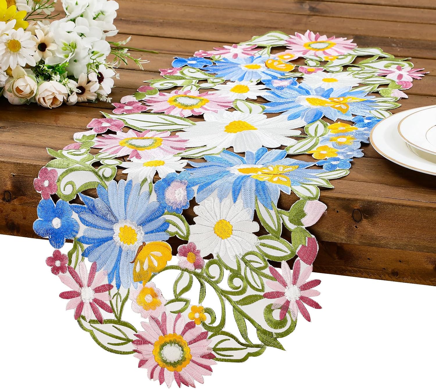 Amazon.com: Mindsoft 2 Pcs Spring Flower Table Runner Embroidered ...